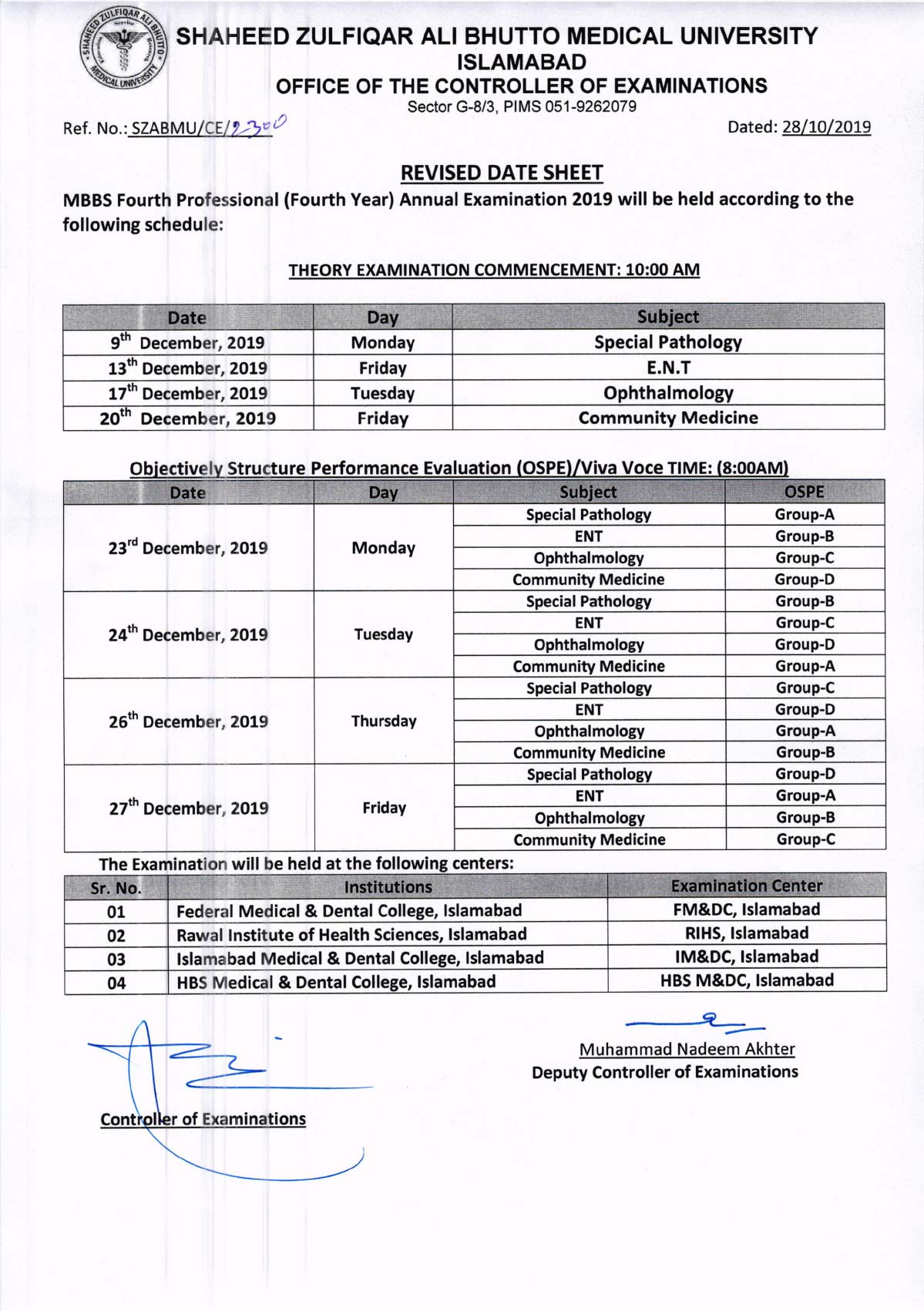Revised Date Sheet Of Mbbs 2nd 3rd 4th And Final Professionals Annual