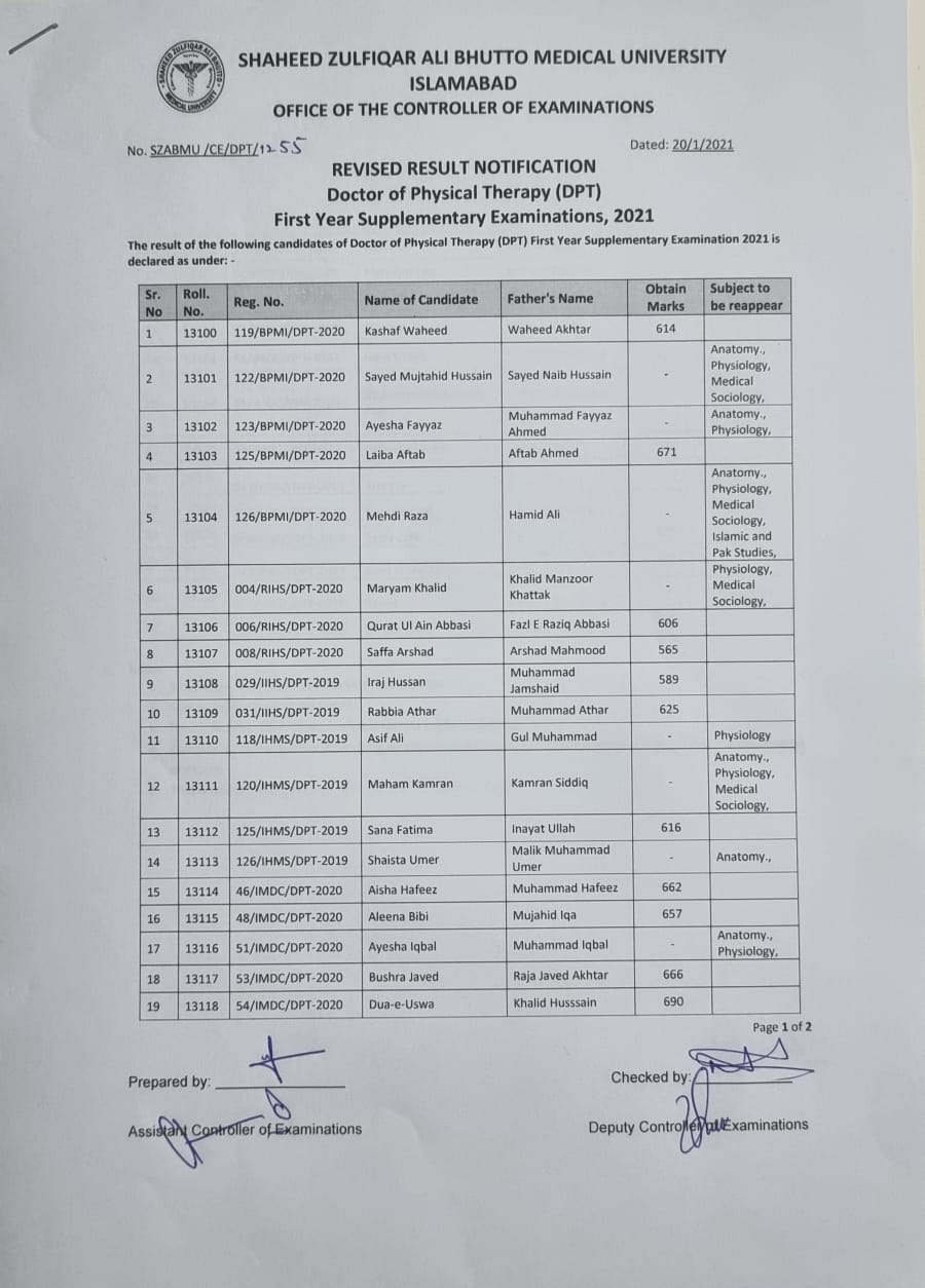 Revised Result Notification DPT First Year Supplementary Examination revised-result-notification-dpt-first-year-supplementary-examination