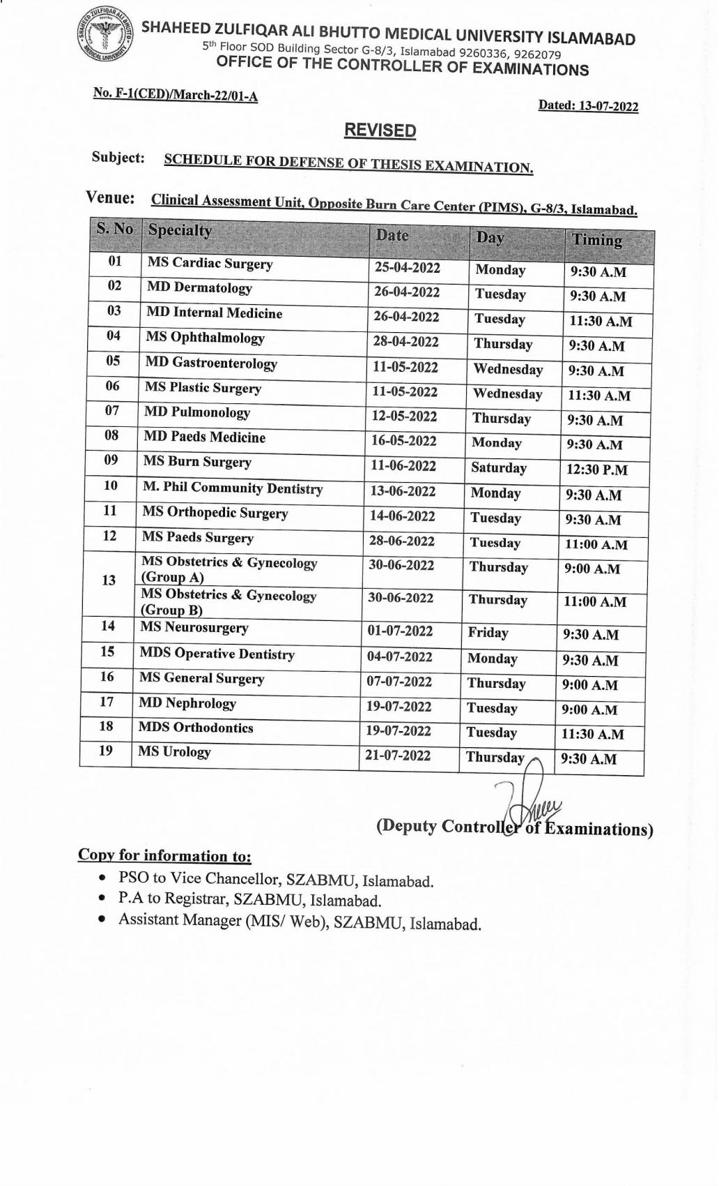 Revised Schedule For Defense Of Thesis Examination Shaheed Zulfiqar Revised Schedule For Defense Of Thesis Examination Shaheed Zulfiqar