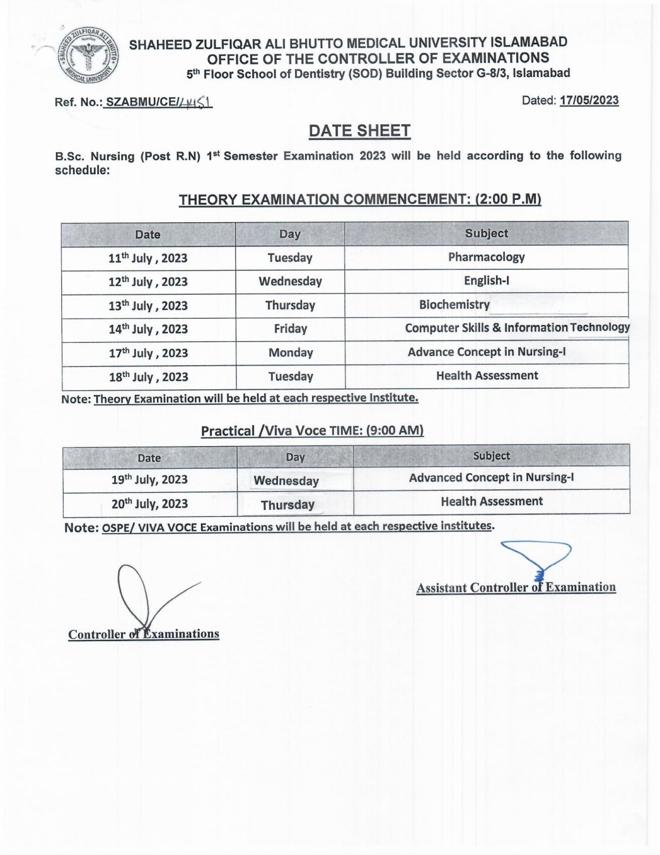 Date Sheet BSc Nursing Post RN Examinations 2023 Shaheed Zulfiqar