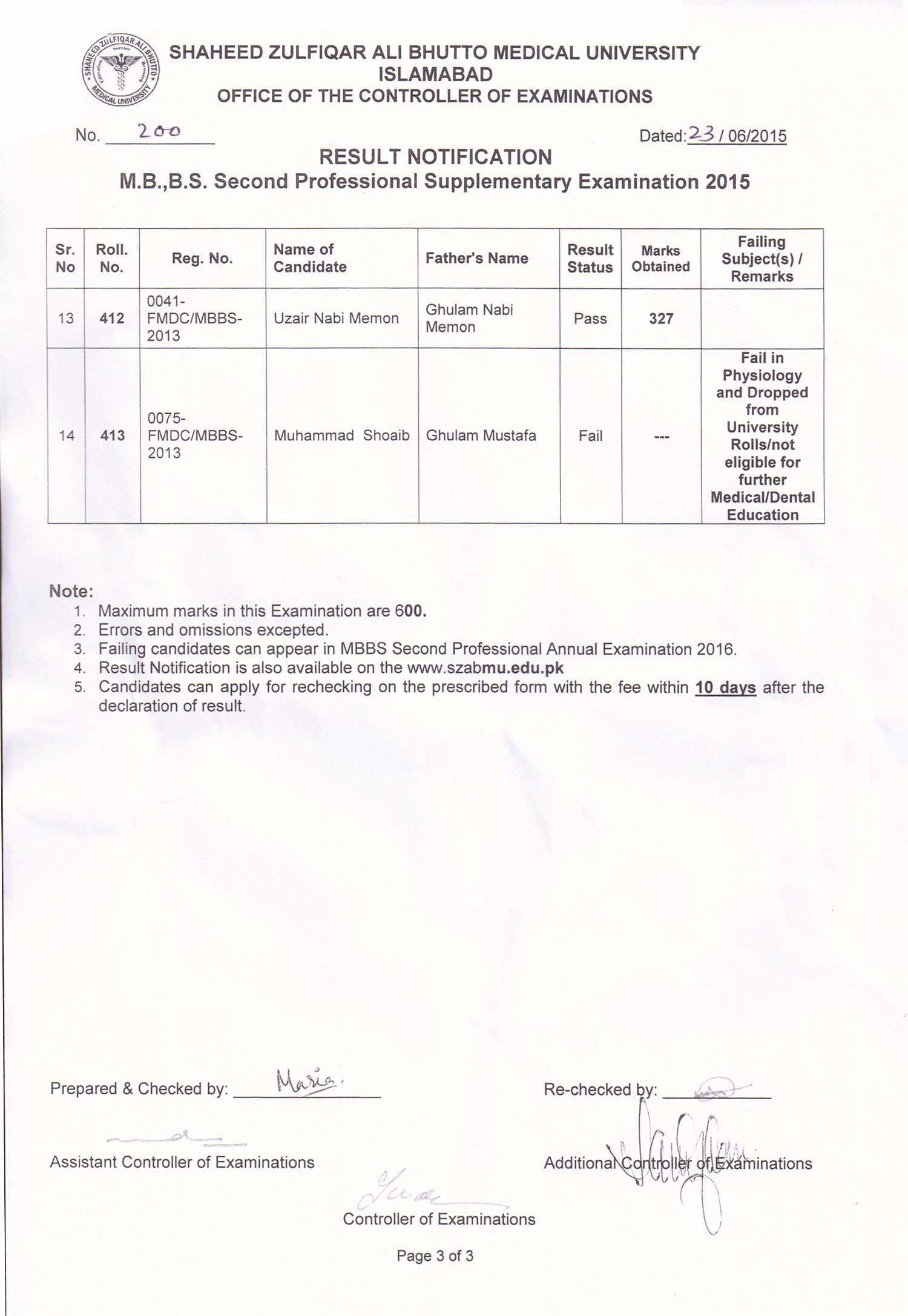 Result - M.B.B.S 2nd Professional Supplementary Examination 2015 ...