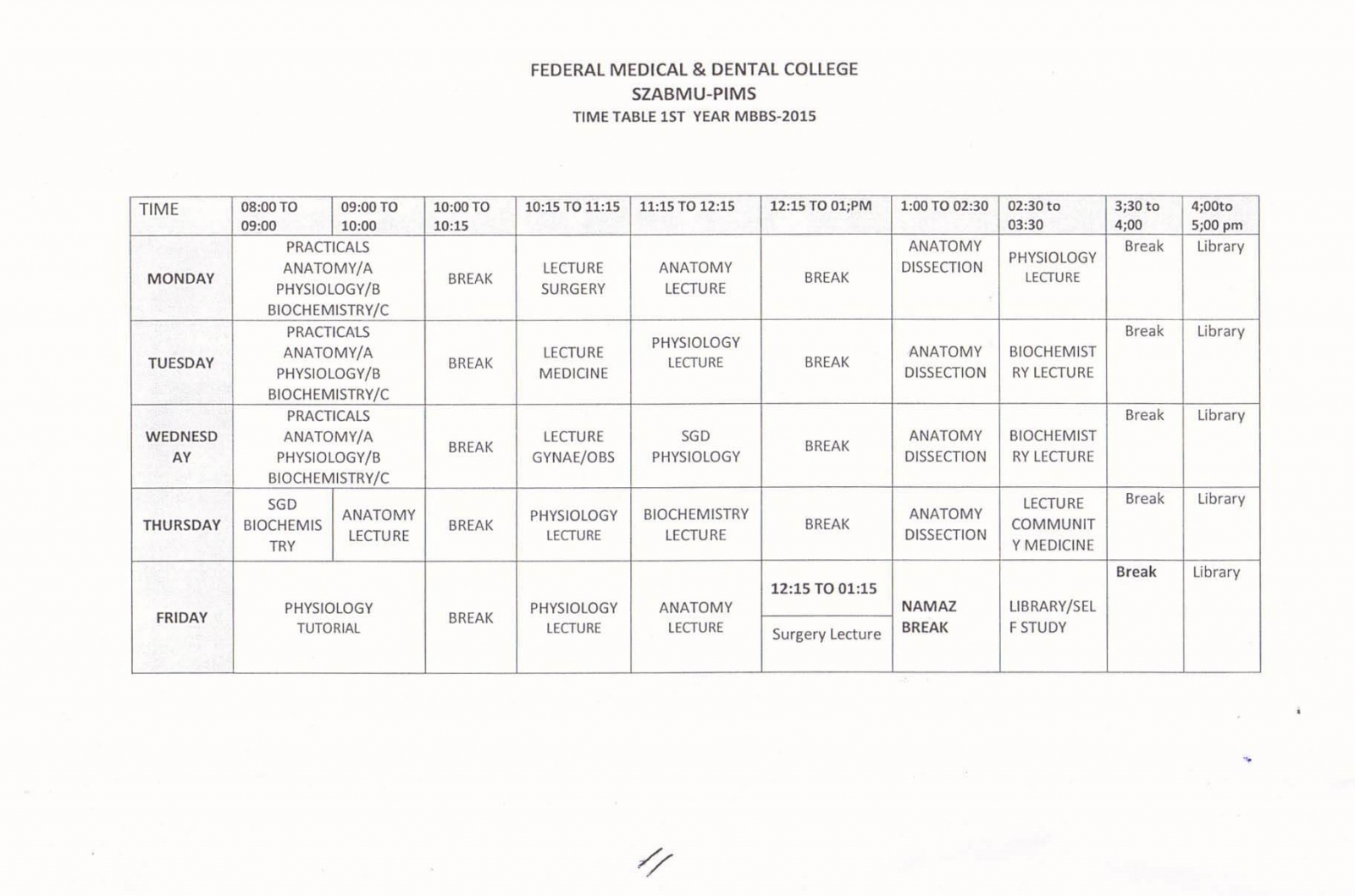 FM&DC Time Table 1st Year M.B.B.S 2015 | Shaheed Zulfiqar Ali Bhutto ...