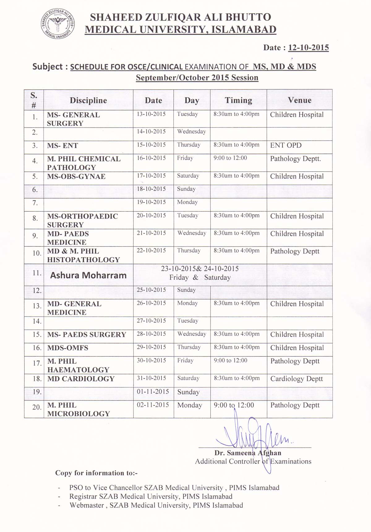 Date sheet of MS/MD/MDS for OSCE/ Clinical Examination 2015 | Shaheed ...