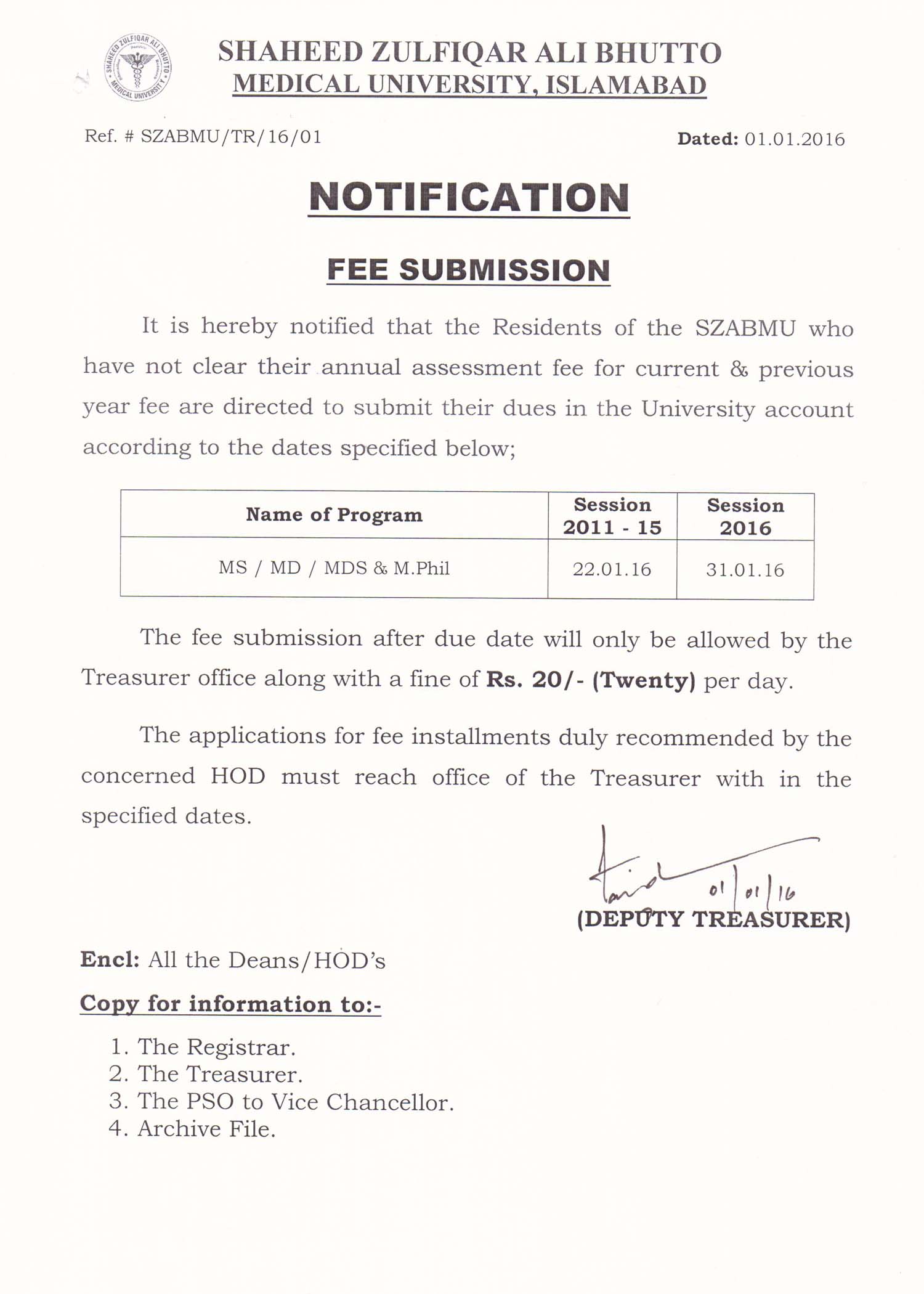 Fee Submission Notification | Shaheed Zulfiqar Ali Bhutto Medical ...