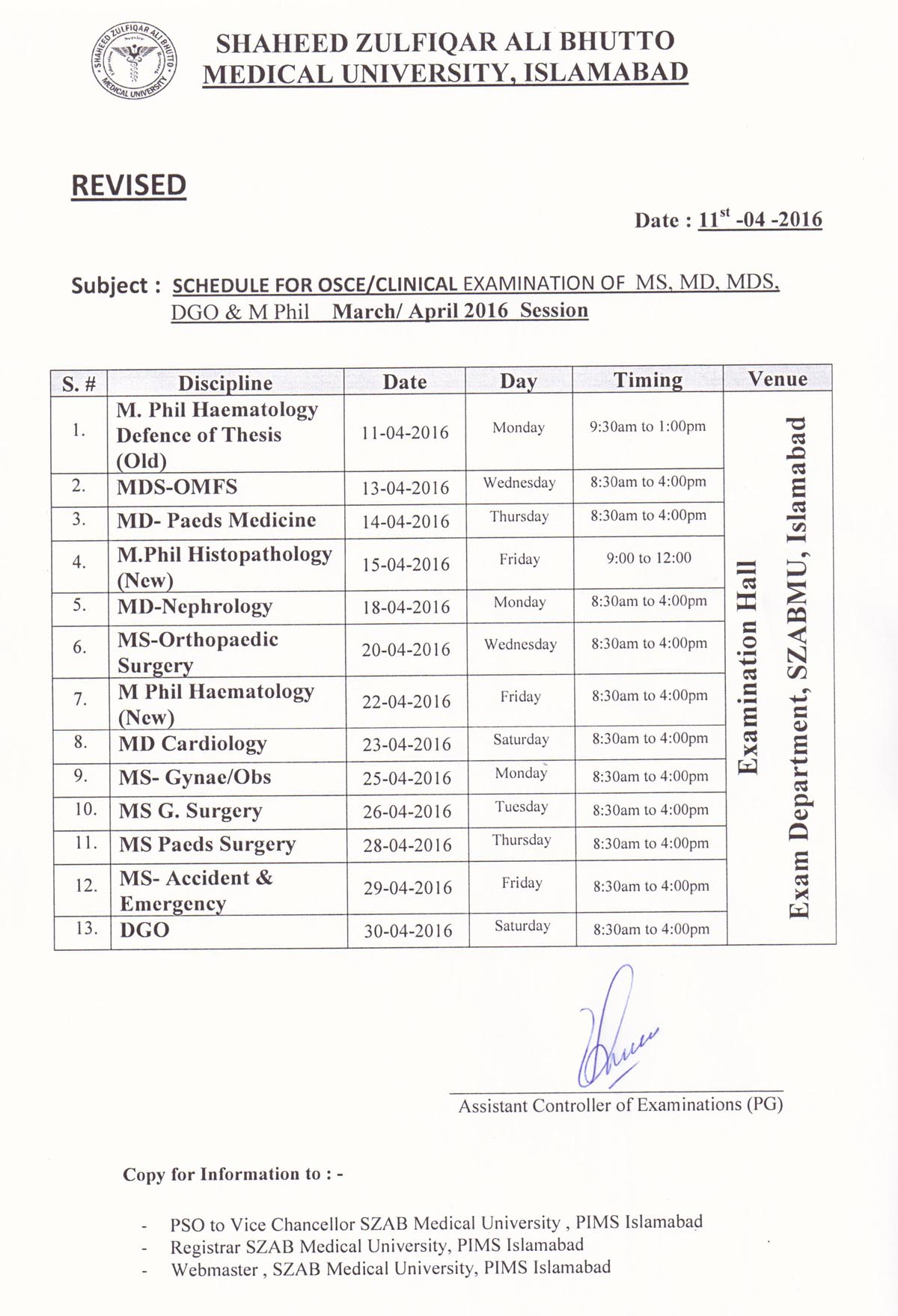 Revised - Schedule for OSCE/ Clinical Examination of MS, MD, MDS, DGO ...
