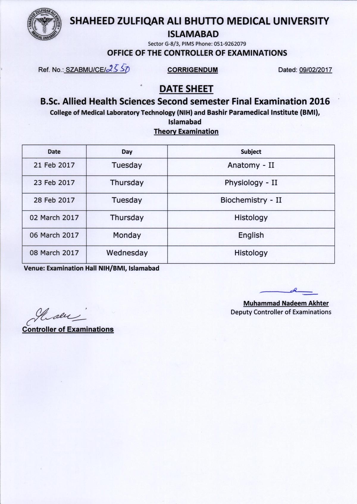 Date sheet - B.Sc. Allied Health Sciences Second Semester Exams 2016 ...