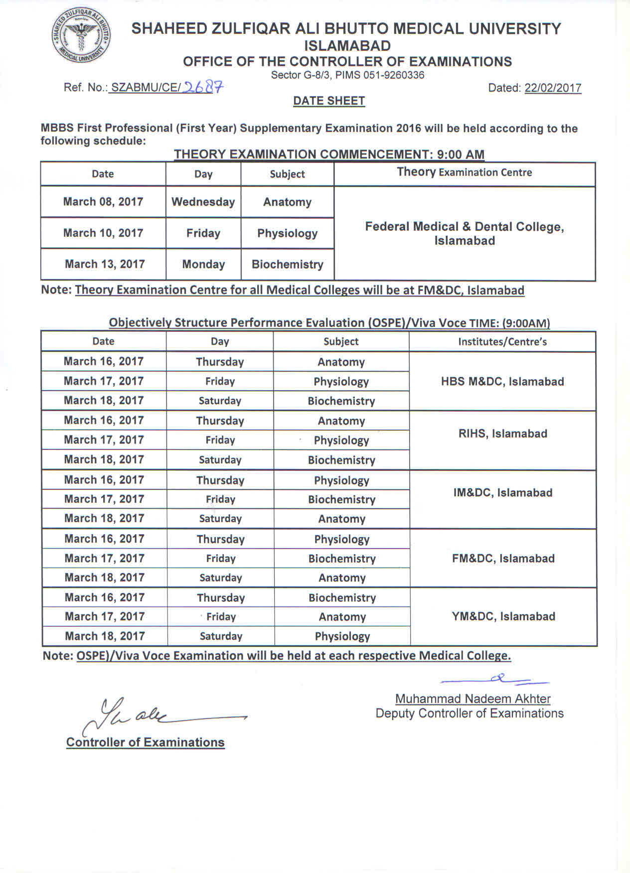 Date Sheet - MBBS 1st, 2nd and 3rd Professional Supplementary Exams ...