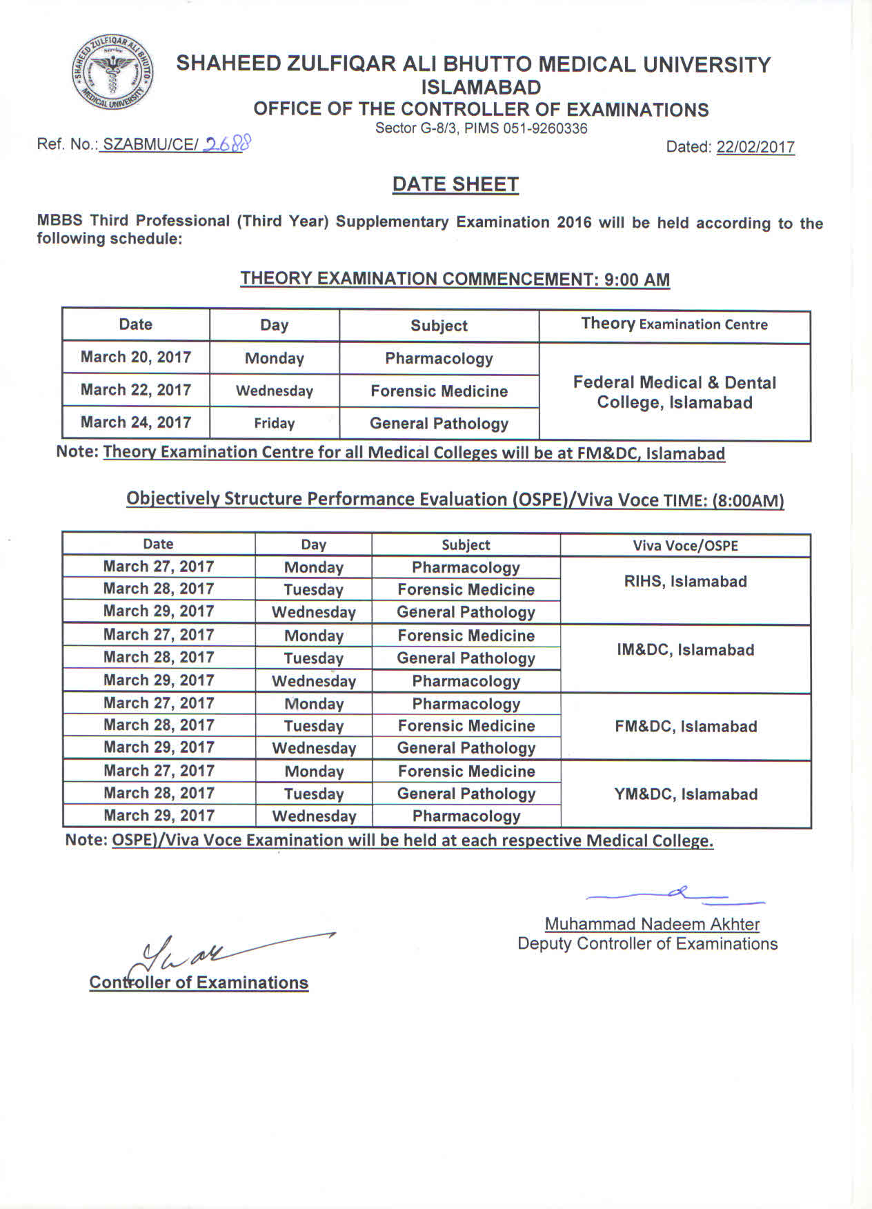 Date Sheet - MBBS 1st, 2nd and 3rd Professional Supplementary Exams ...