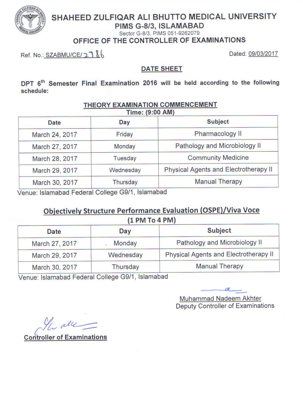 Date Sheet - DPT 4th and 6th Semester Final Exams 2016 | Shaheed ...