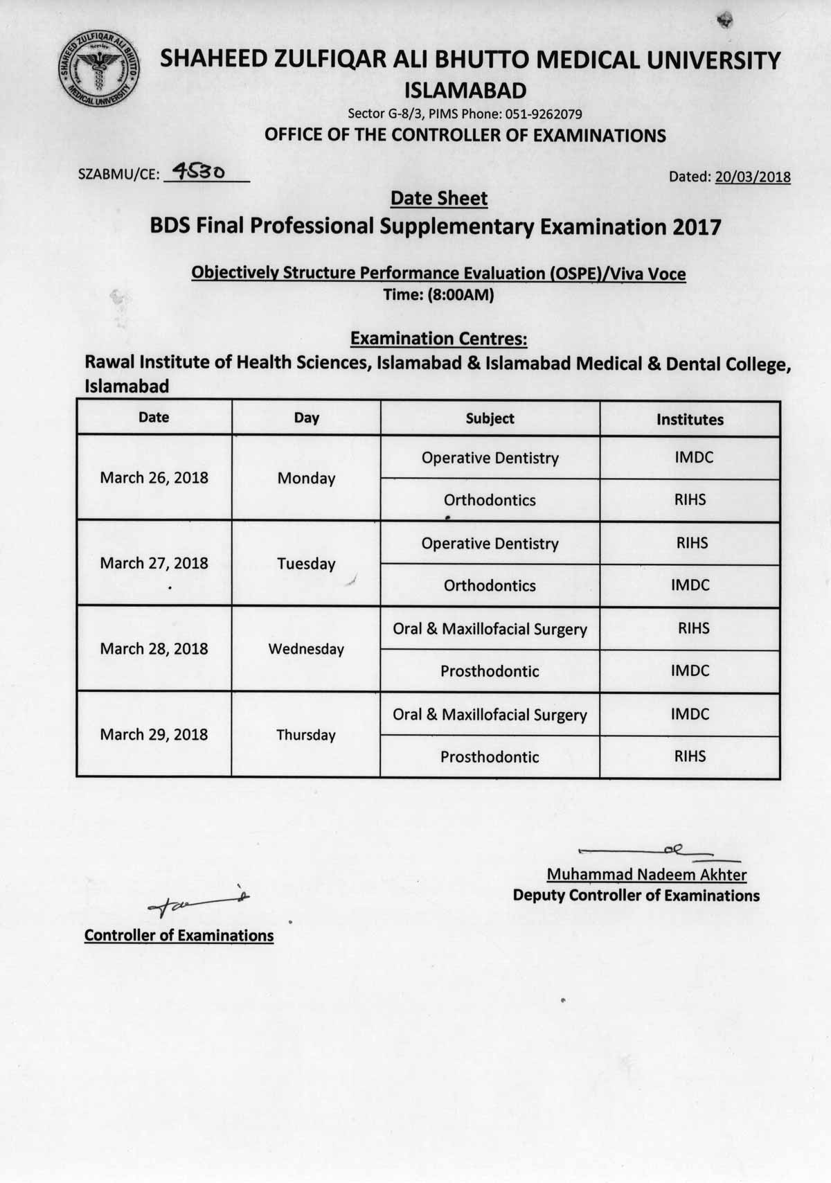 Date sheet - BDS All Professional Supplementary Examination 2017 ...