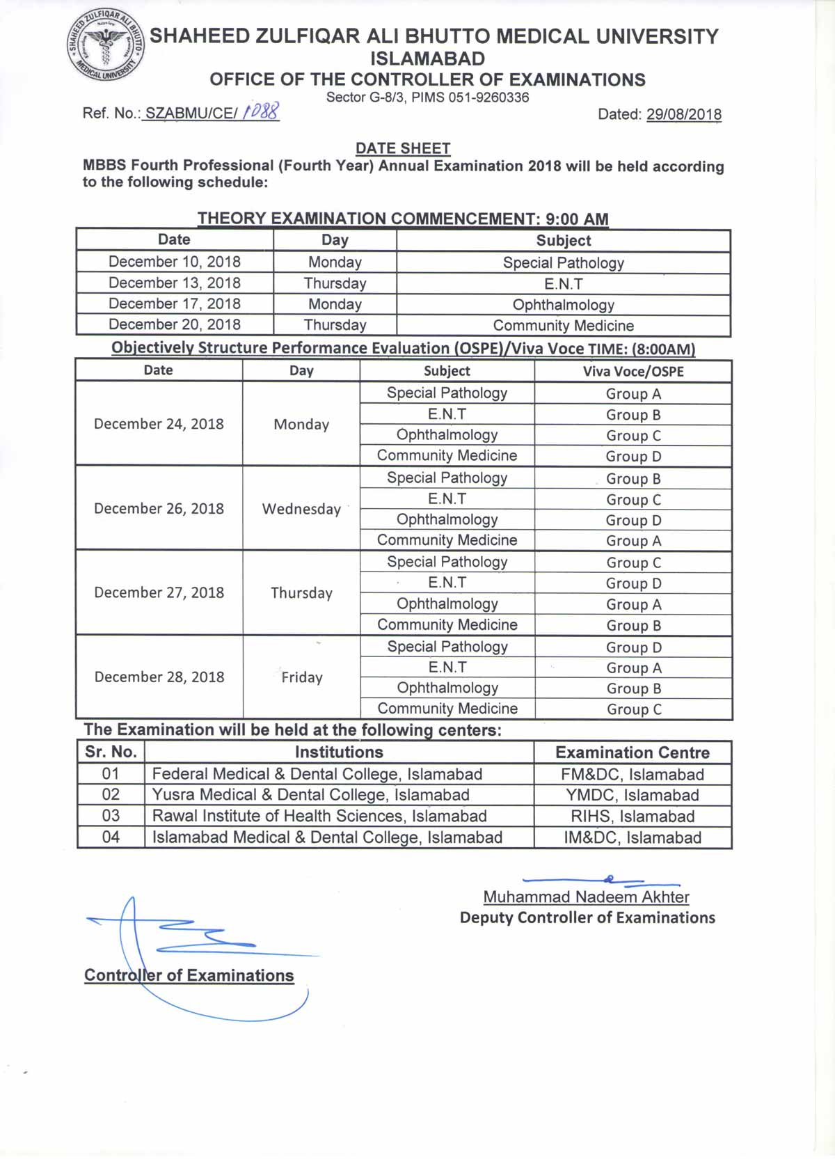 Date Sheets - MBBS All Professional Annual Examination, 2018 | Shaheed ...
