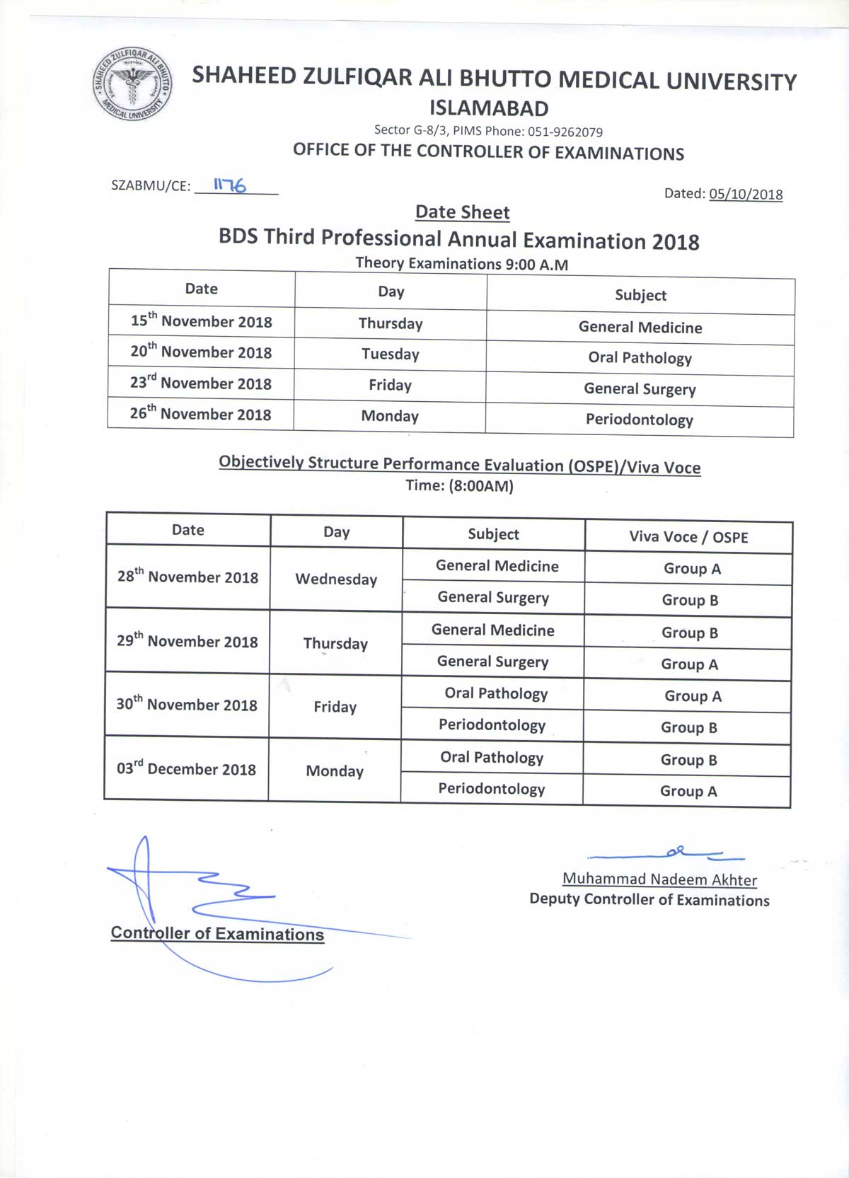 Date Sheets - BDS all Professionals Annual Examination 2018 | Shaheed ...