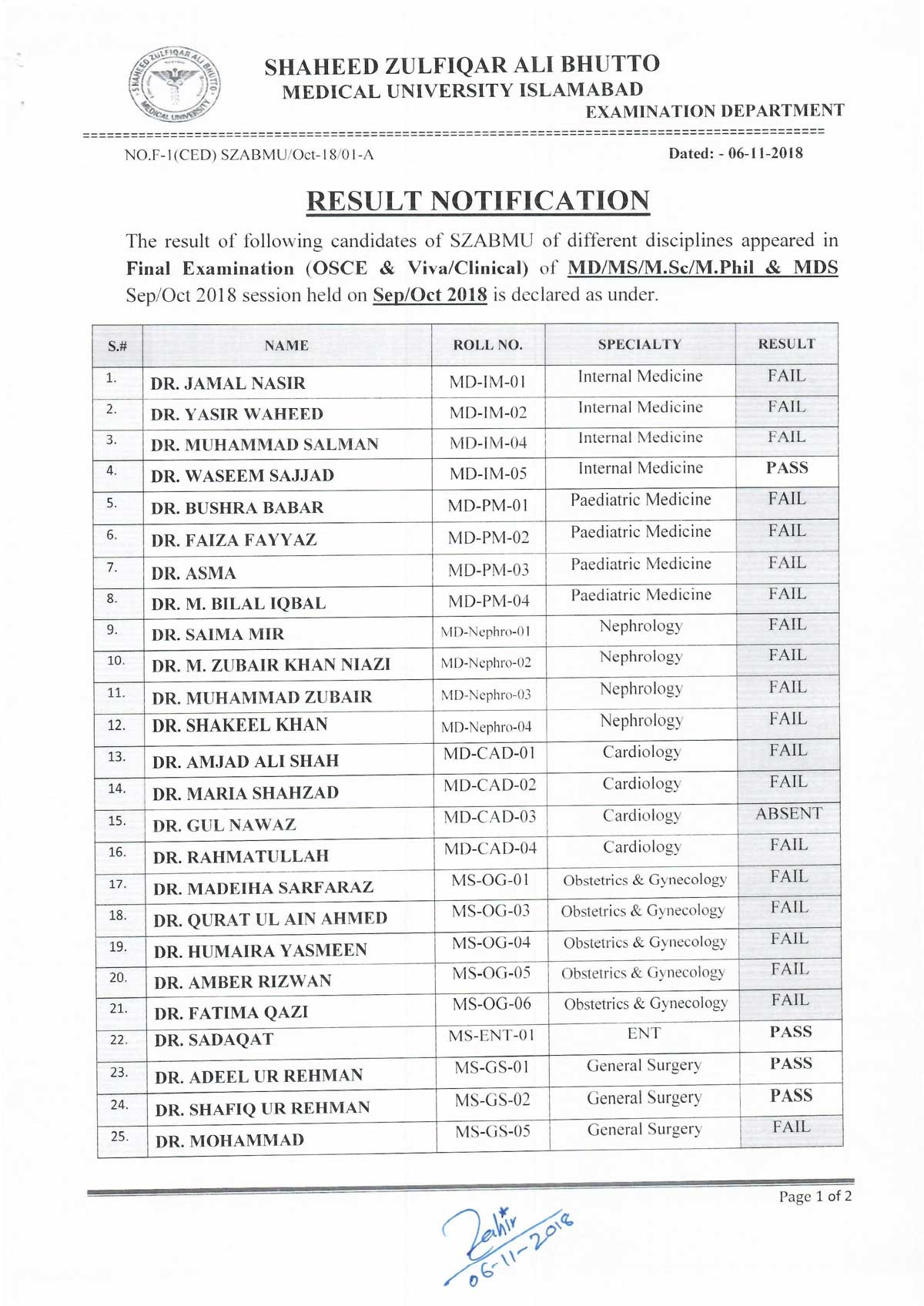 Result Notification of MD/MS/M.Sc/M.Phil & MDS OSCE Viva/Clinical ...