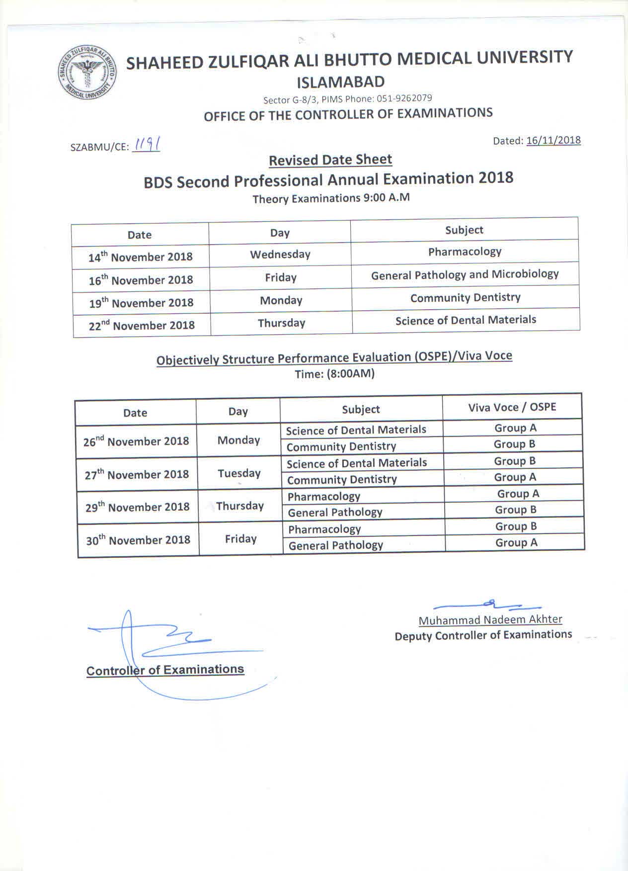Revised Date Sheets for BDS Annual Examination, 2018 | Shaheed Zulfiqar ...