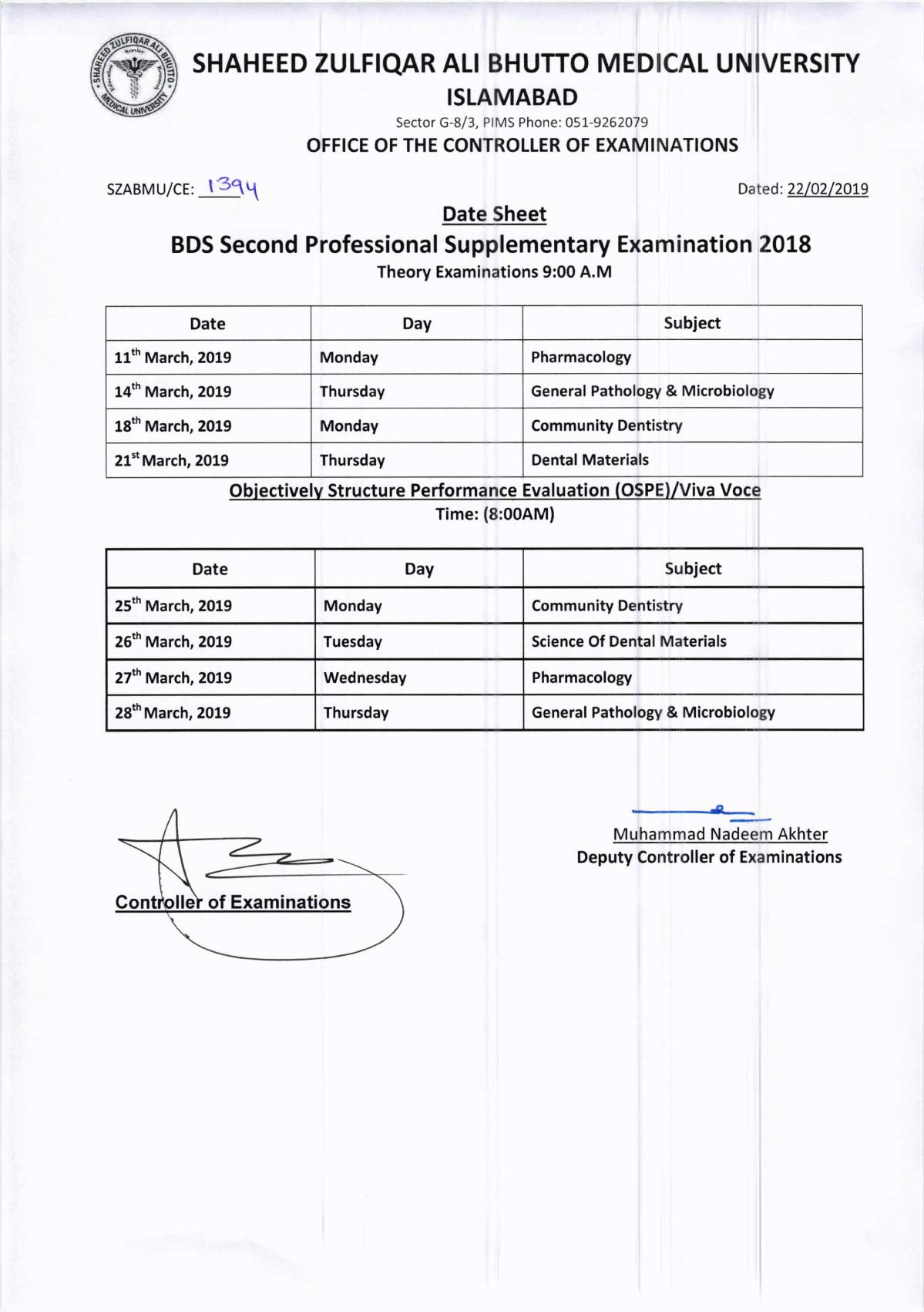 Date Sheets of BDS All Professionals Supplementary Exam 2018 | Shaheed ...
