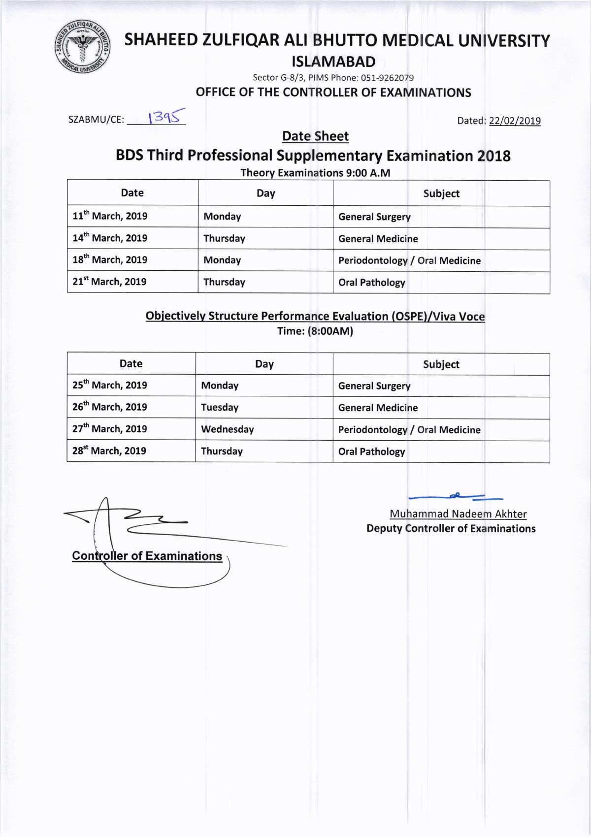 Date Sheets of BDS All Professionals Supplementary Exam 2018 | Shaheed ...