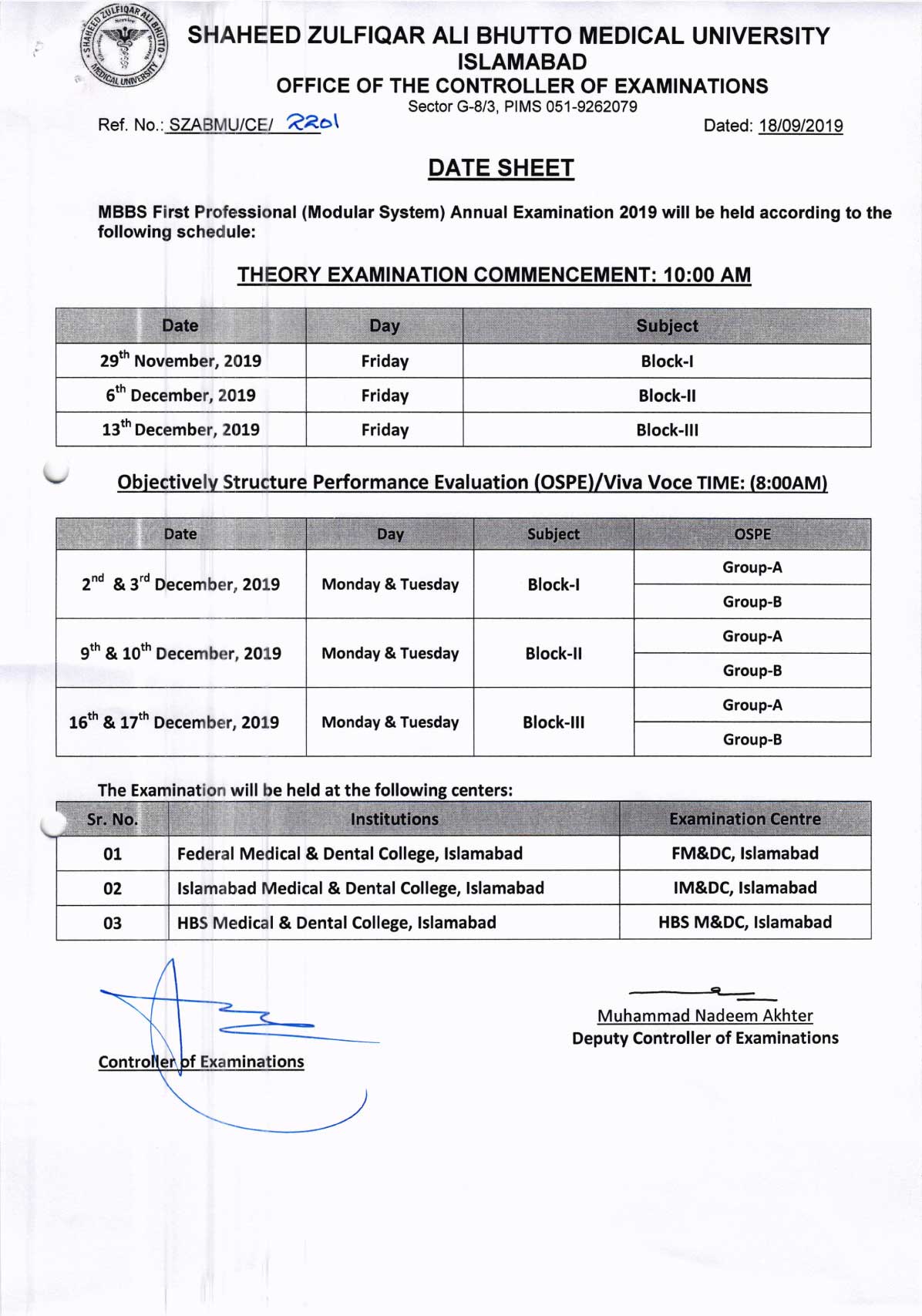 Date Sheets of MBBS All Professionals Annual Exam 2019 | Shaheed ...