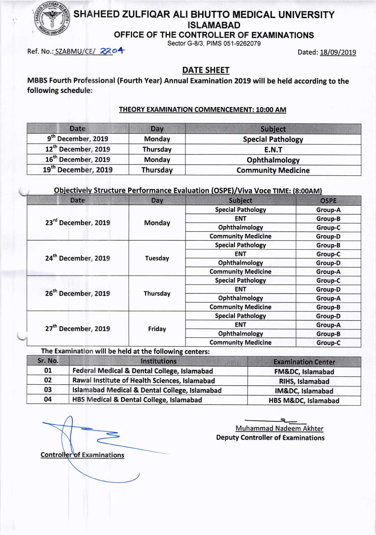 Date Sheets of MBBS All Professionals Annual Exam 2019 | Shaheed ...