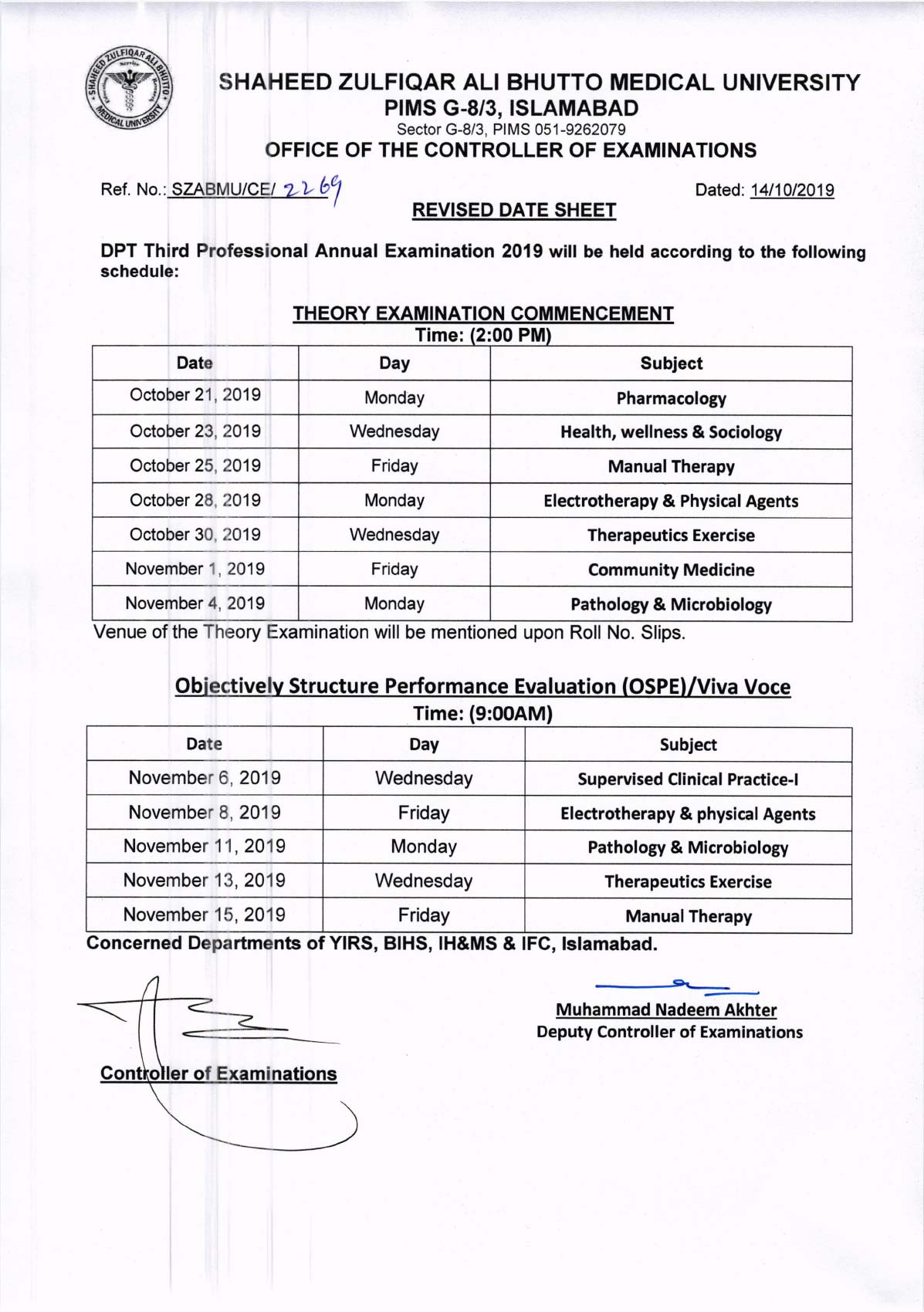 Revised - Date sheet of DPT All Professional Annual Examinations 2019 ...