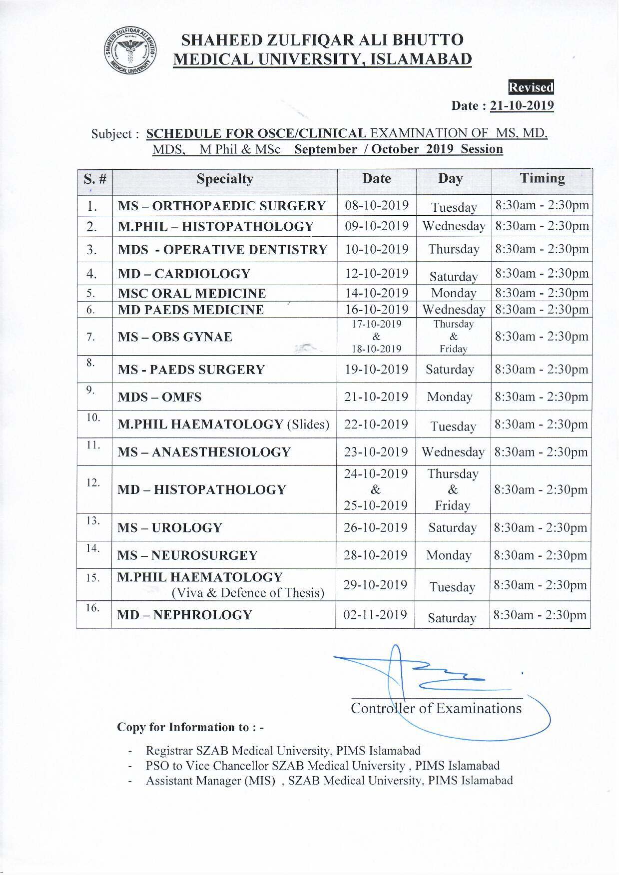 Revised - MS, MD, MDS, M.Phil and MSc Clinical Examination Schedule for ...