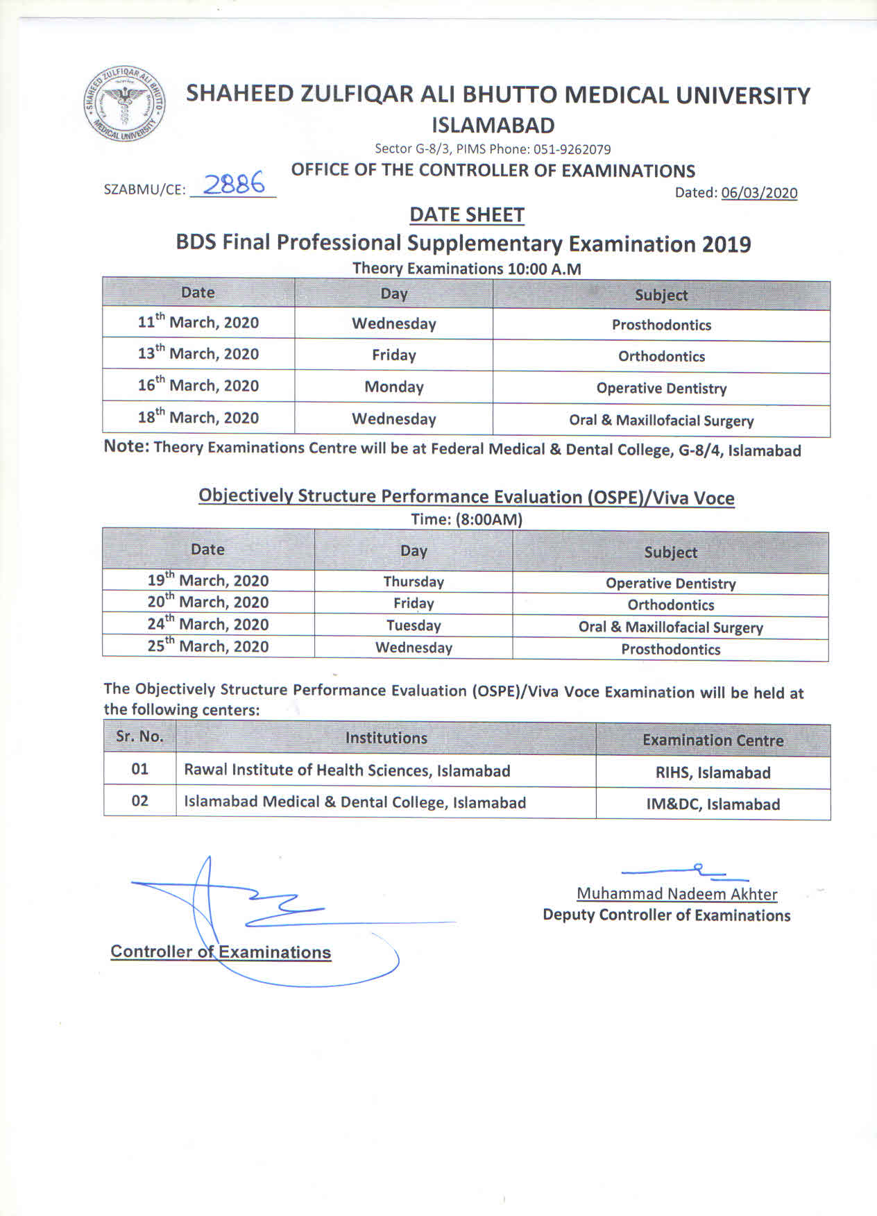 Date Sheet - BDS Supplementary Examination 2019 | Shaheed Zulfiqar Ali ...