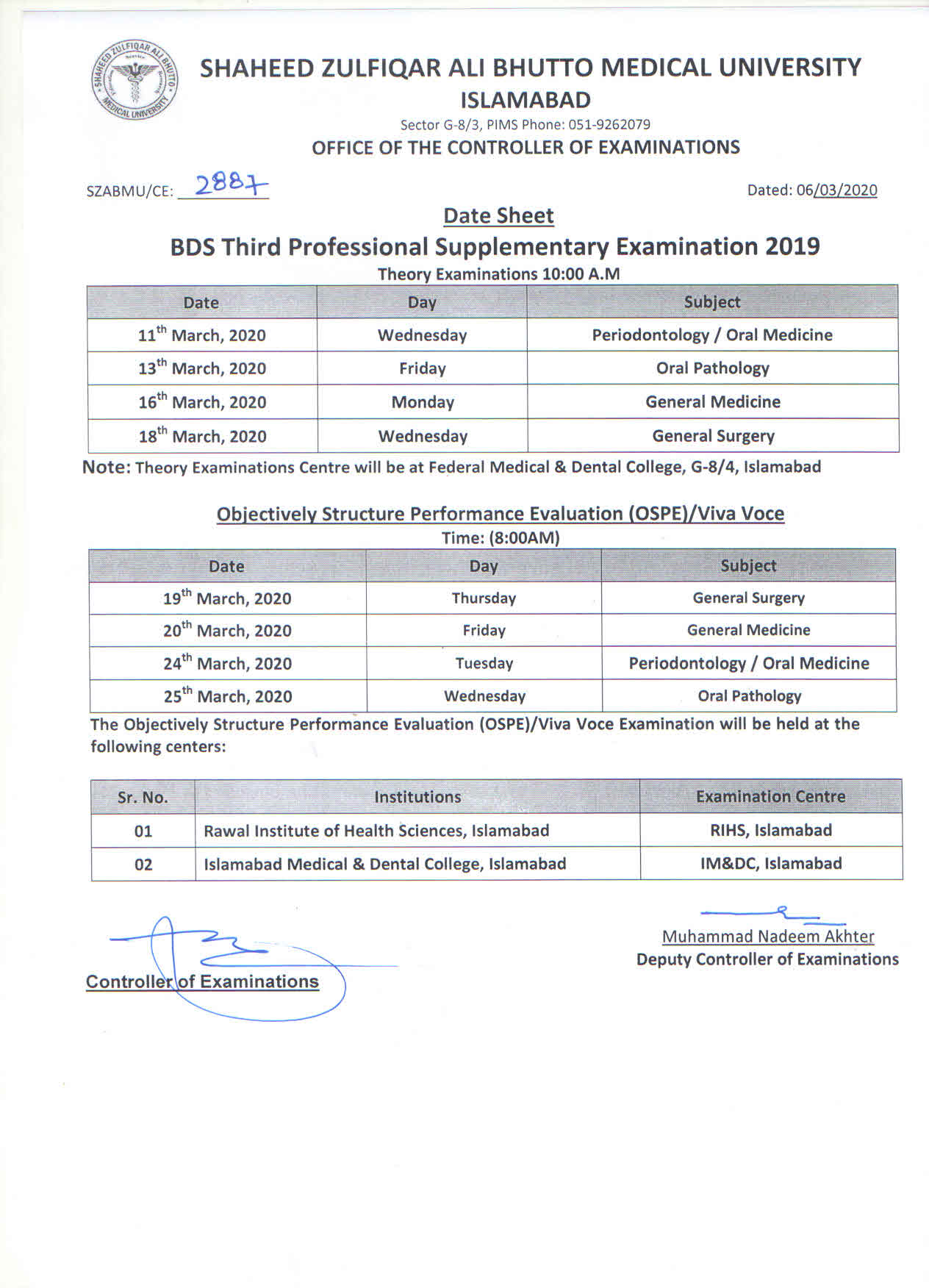 Date Sheet - BDS Supplementary Examination 2019 | Shaheed Zulfiqar Ali ...