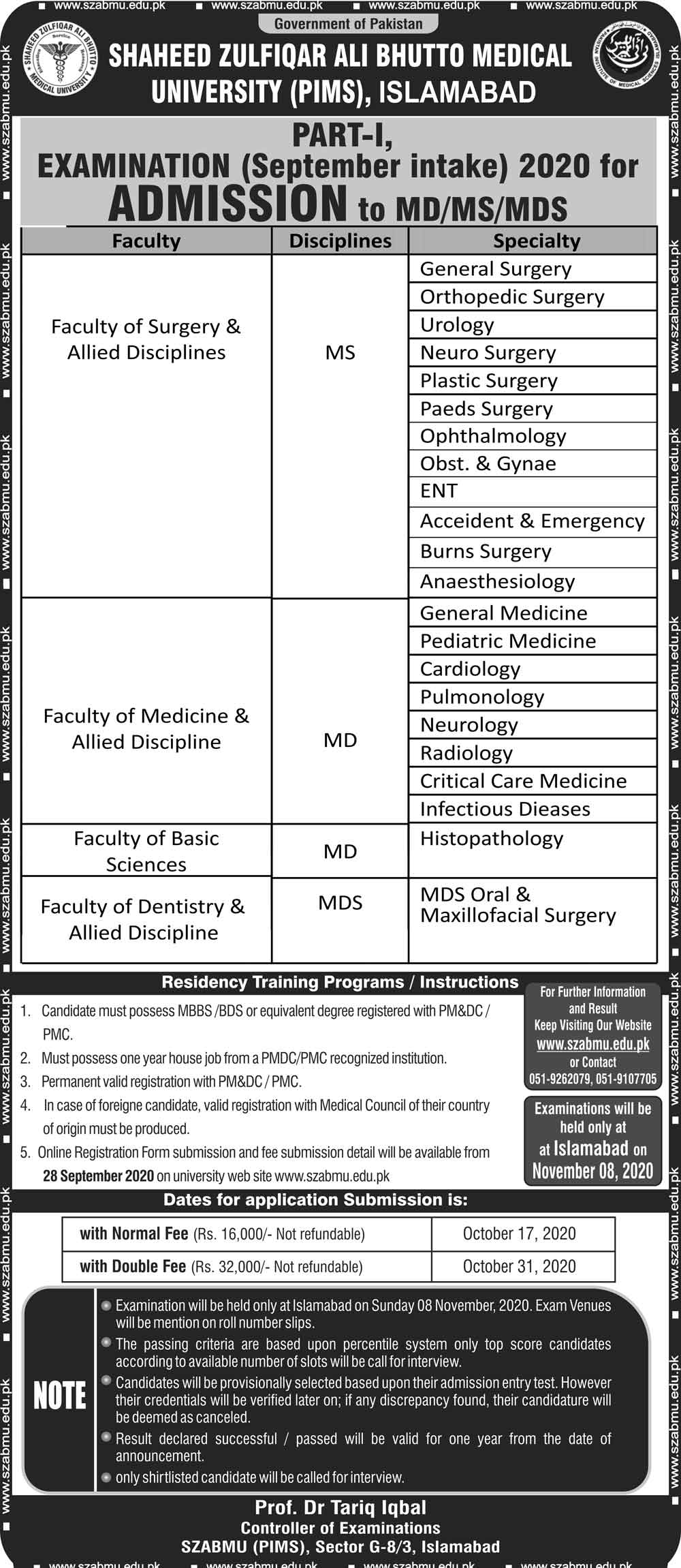 Addendum MS/MD/MDS Part-1 Examinations September 2020 | Shaheed ...