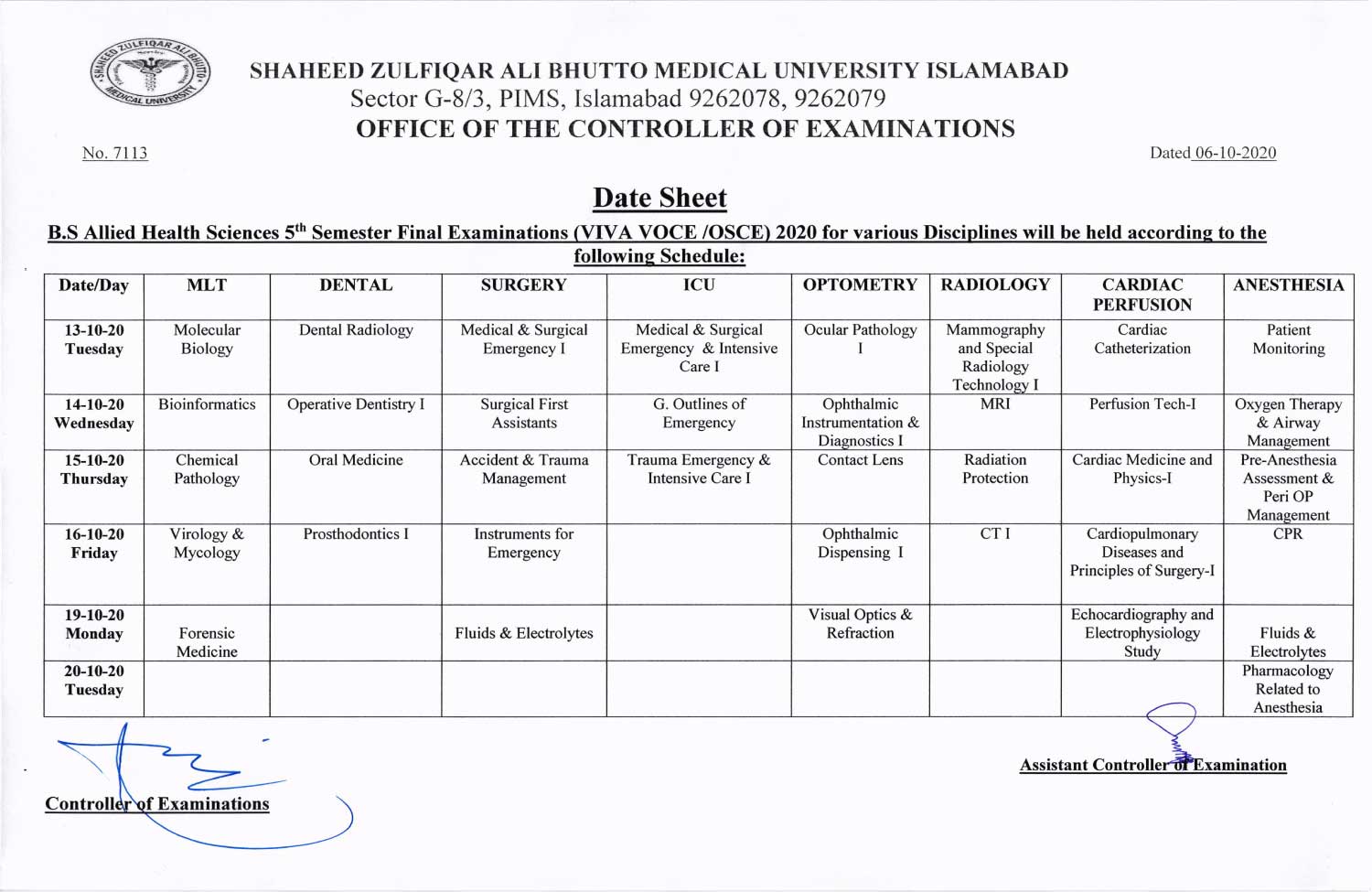 Date sheet of B.S. AHS 5th Semester Final Exam (VIVA / OSCE) for 2020 ...