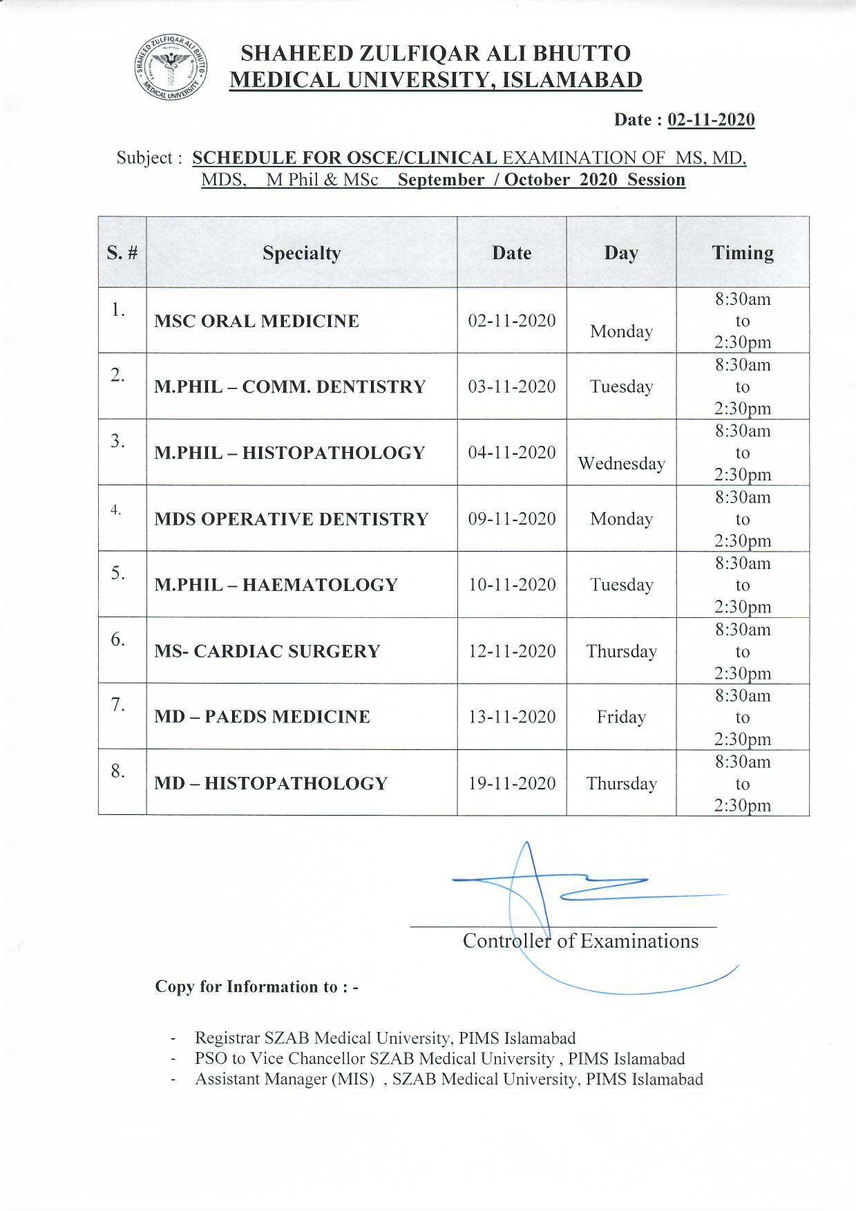 Revised schedule of Clinical Examination for MS,MD,MDS,M.Phil and MSc ...