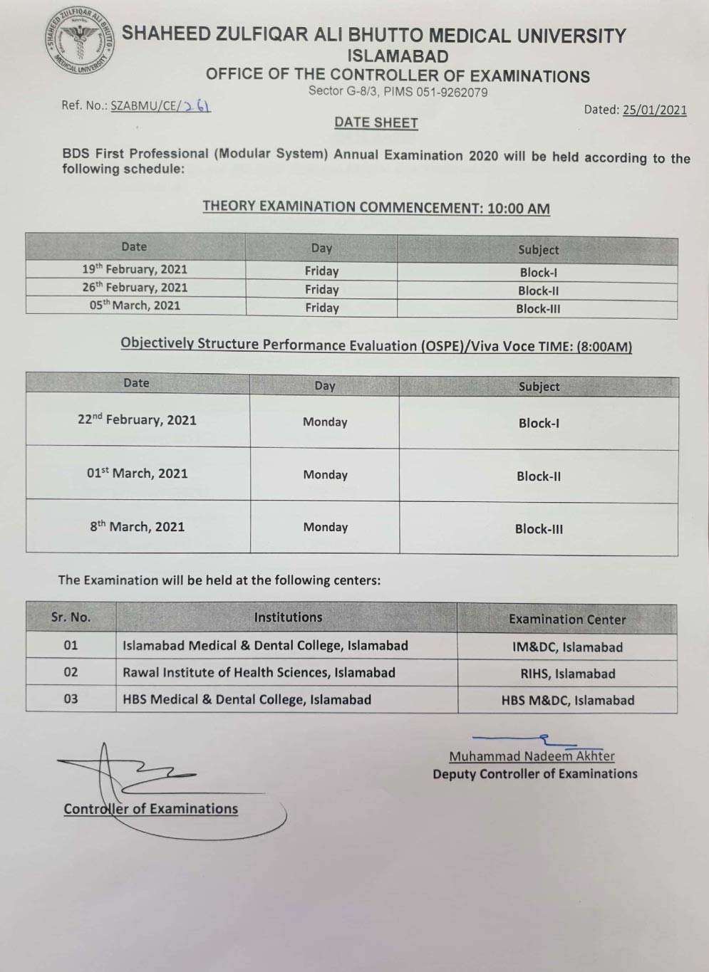 Date Sheets - BDS Annual Examinations 2020 | Shaheed Zulfiqar Ali ...