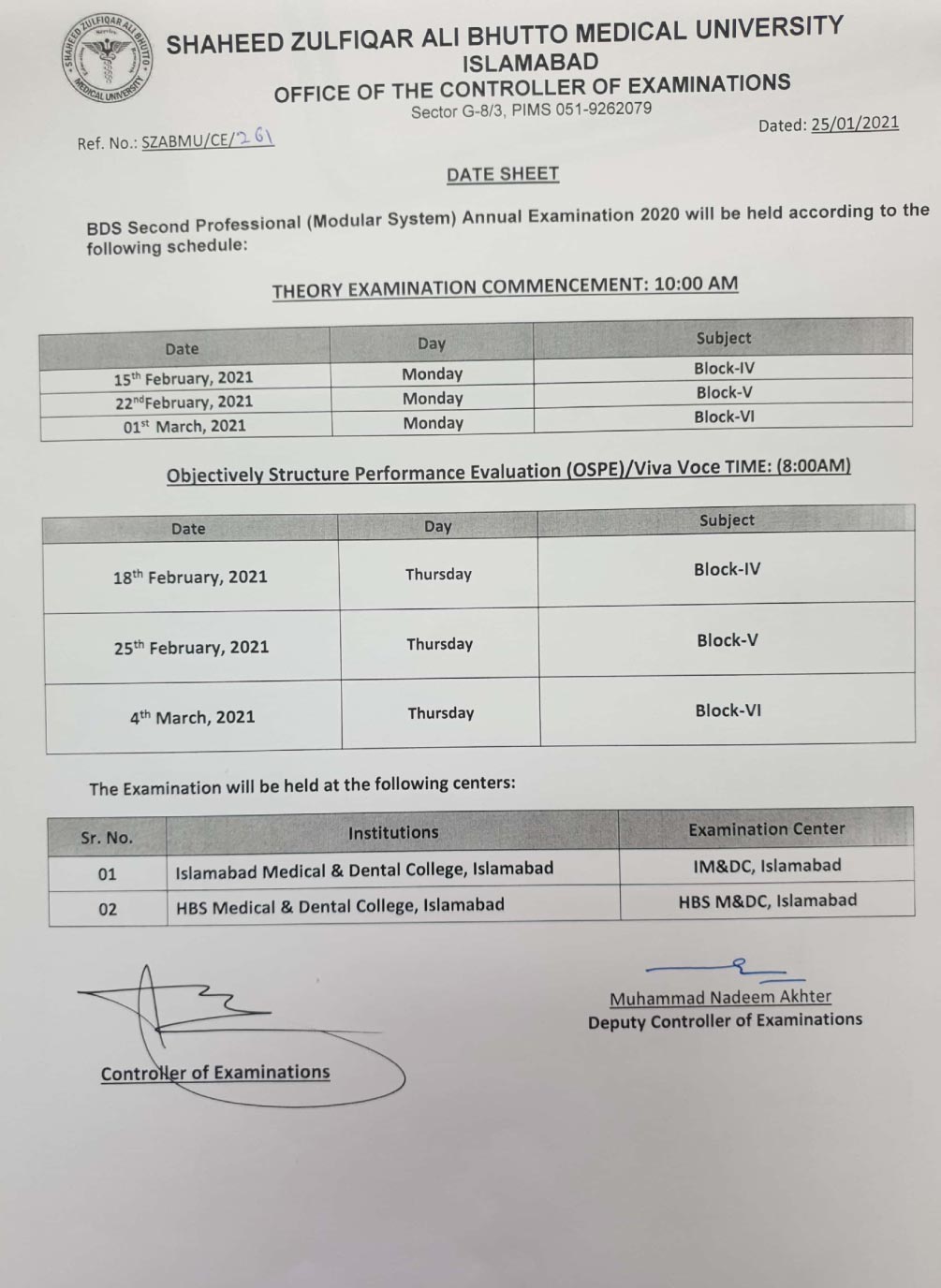 Date Sheets - BDS Annual Examinations 2020 | Shaheed Zulfiqar Ali ...