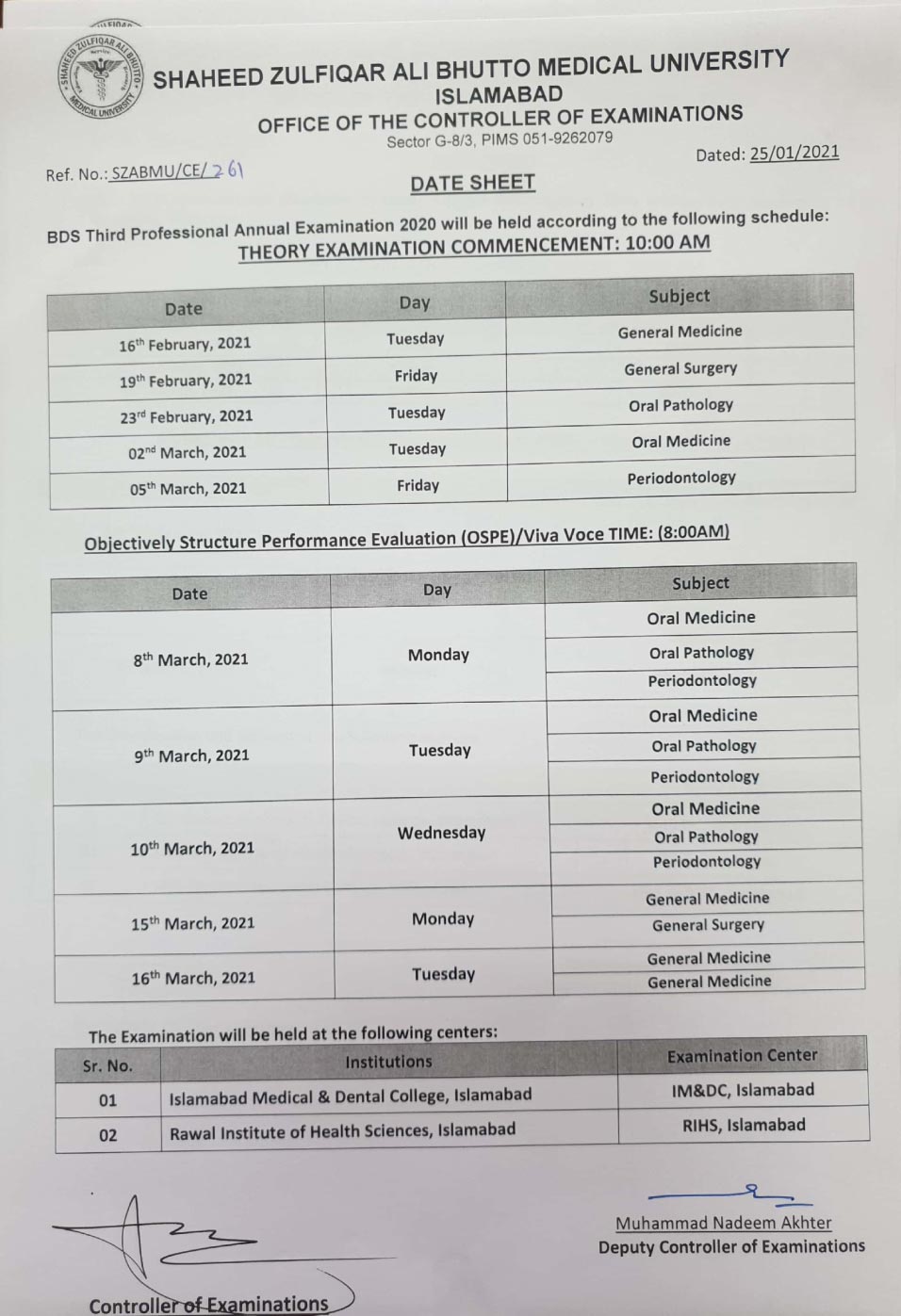Date Sheets - BDS Annual Examinations 2020 | Shaheed Zulfiqar Ali ...