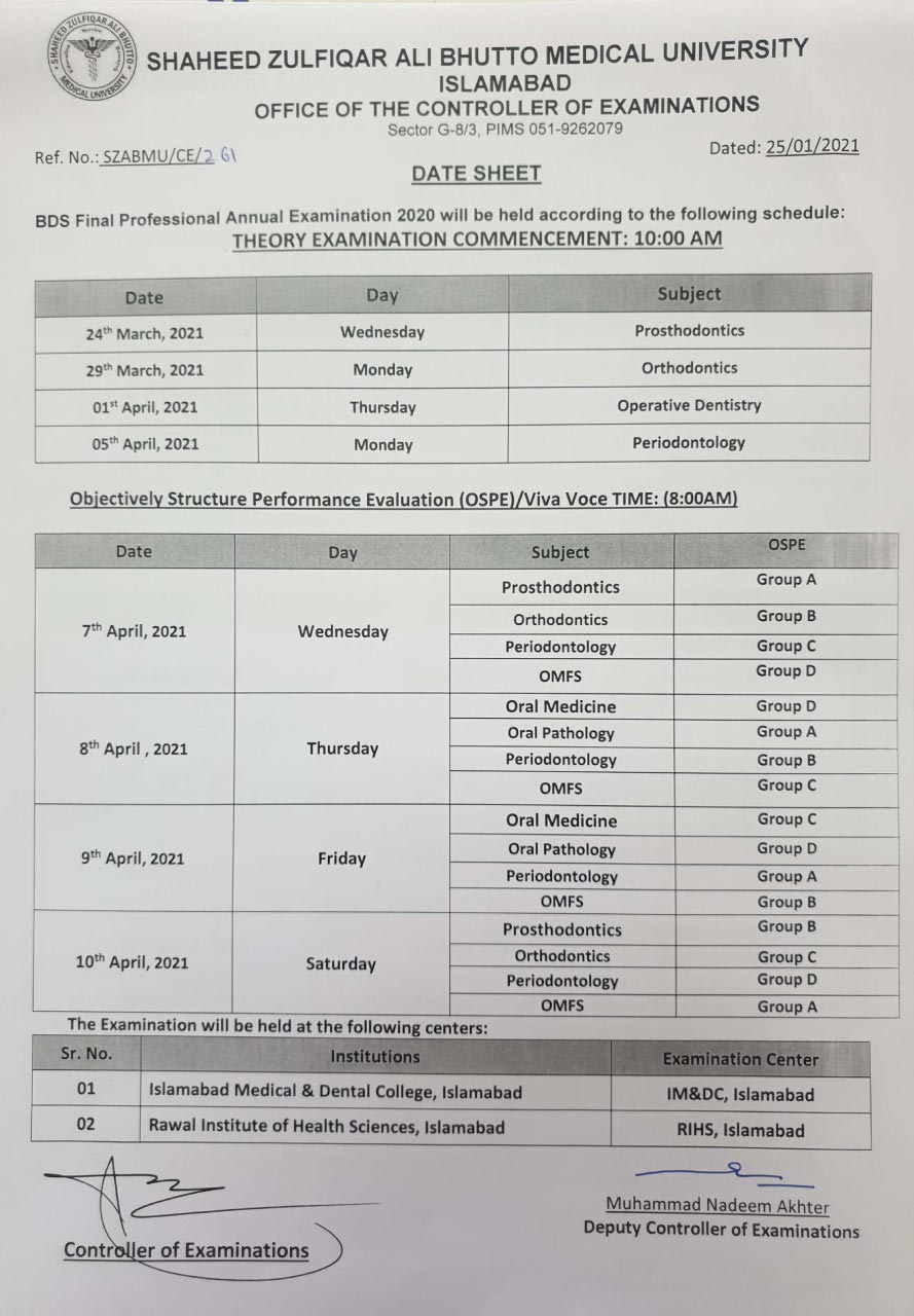 Date Sheets - BDS Annual Examinations 2020 | Shaheed Zulfiqar Ali ...