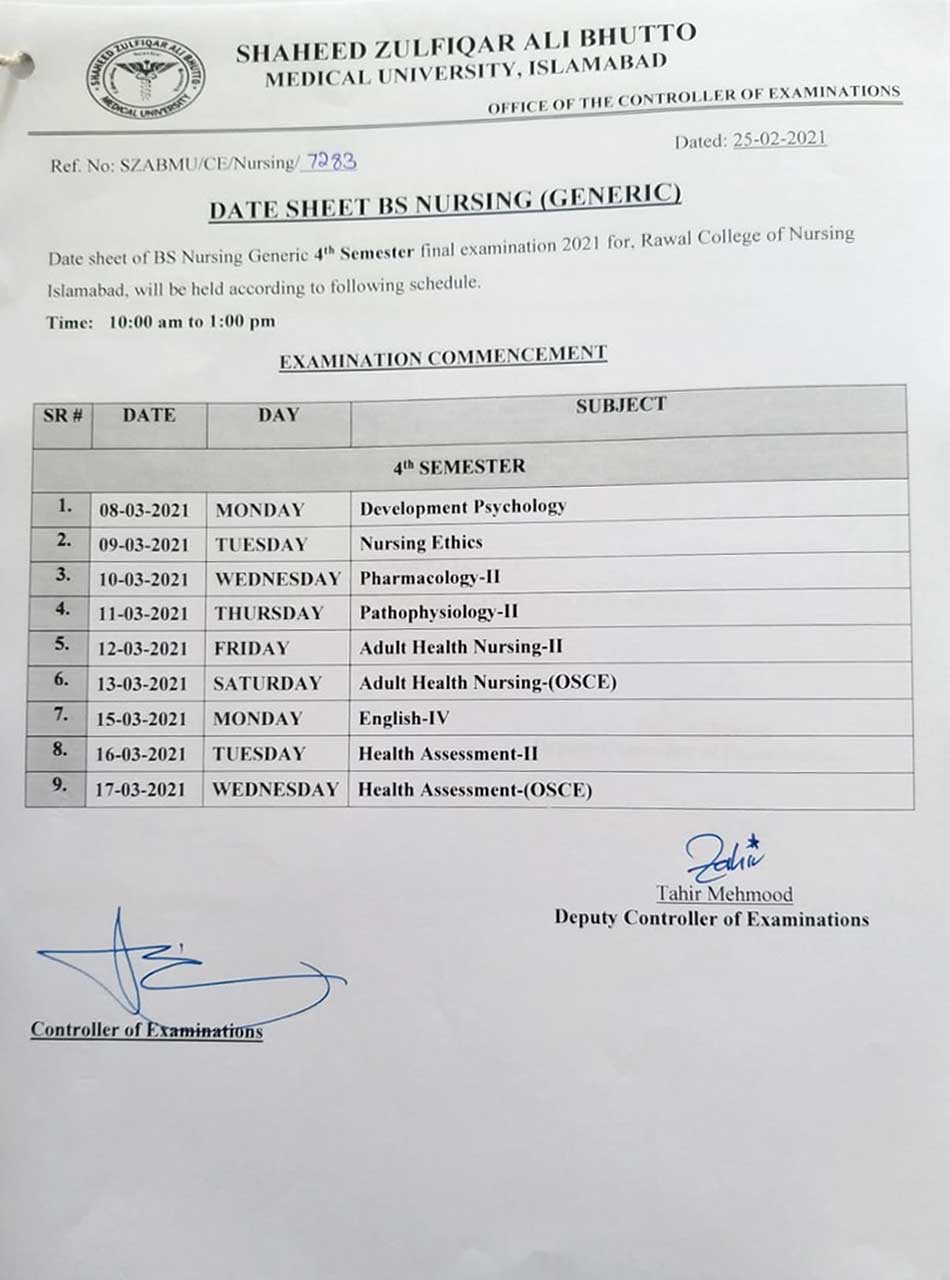 Date sheet BS Nursing Generic 4th Semester Final Examination 2021 ...