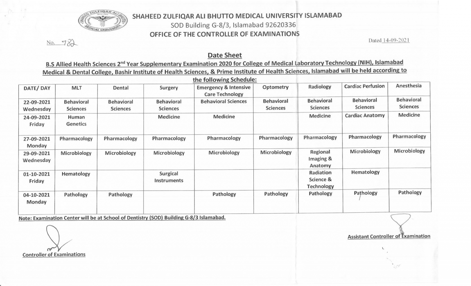 Date Sheet - BS(AHS) 2nd Year Supplementary Examination 2020 | Shaheed ...