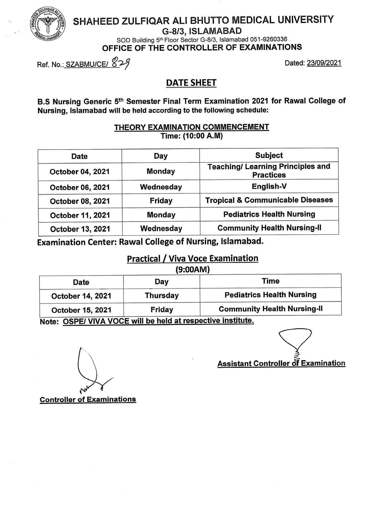 Date Sheet - BS Nursing Generic 5th Semester Final Term Examinations ...