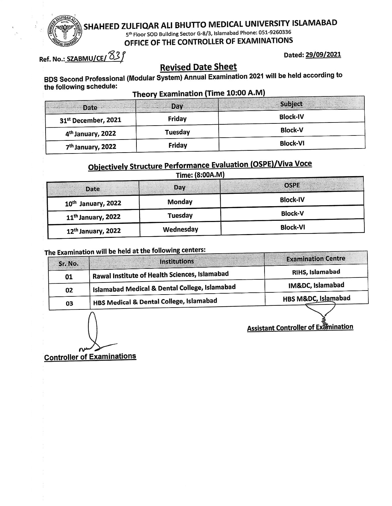 Date Sheet - BDS All Professional Examination 2021 | Shaheed Zulfiqar ...