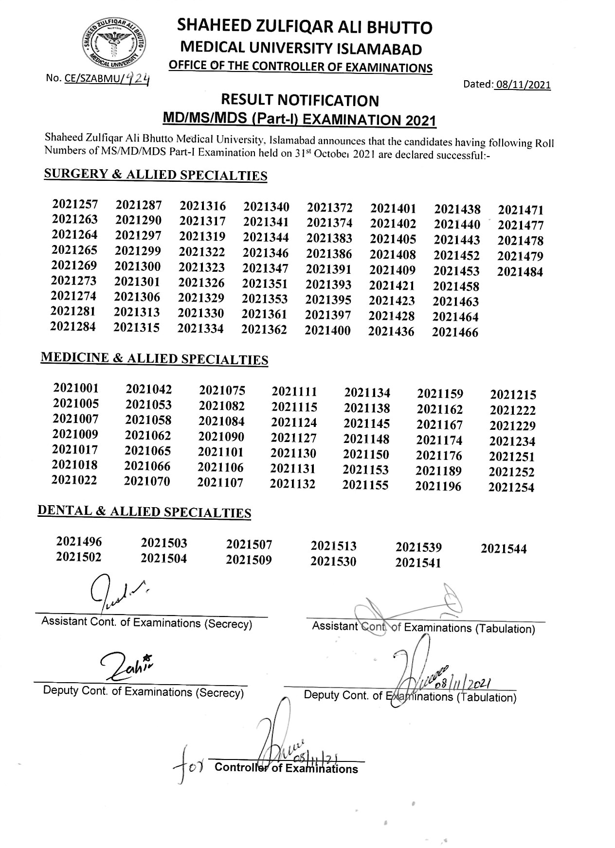 Result Notification - MS/MD/MDS (Part-1) Examination 2021 | Shaheed ...