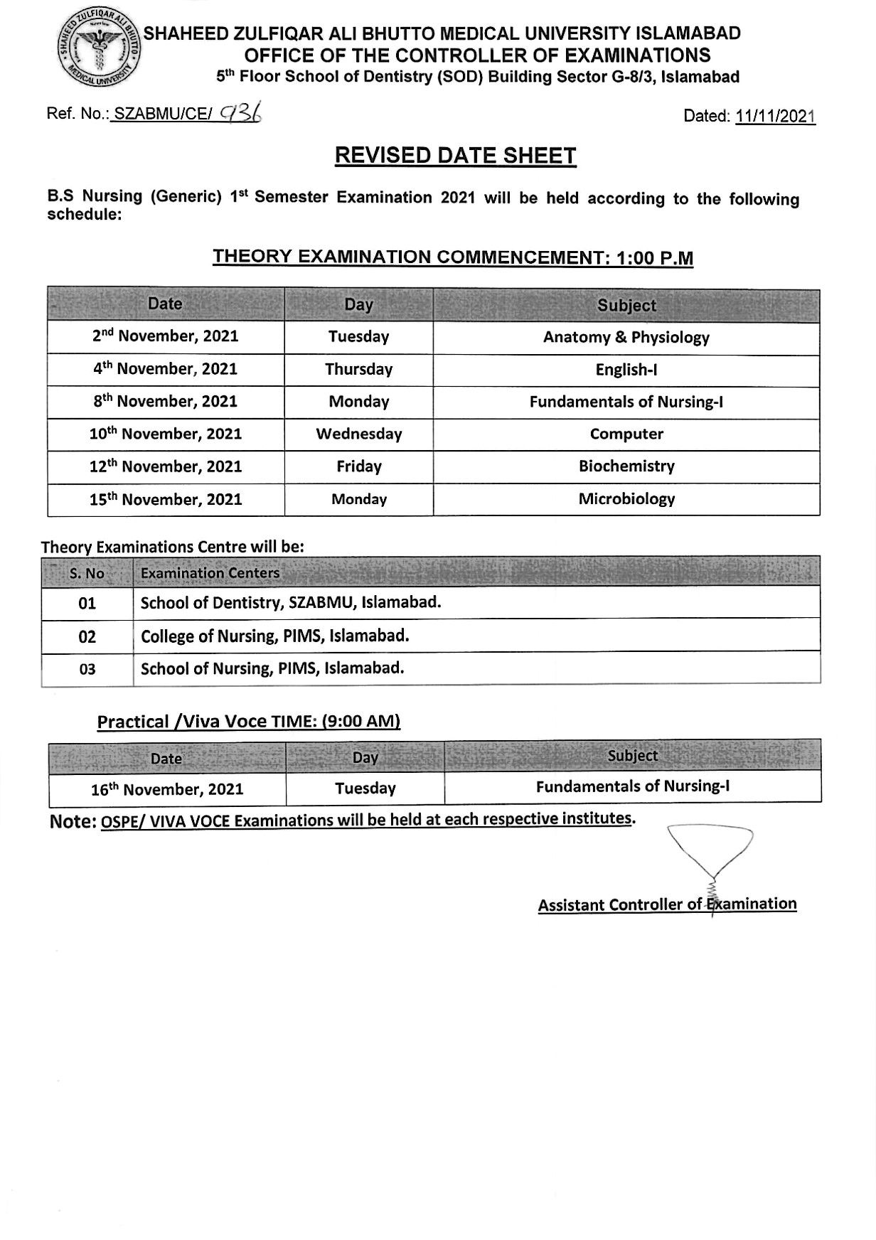 Revised Date Sheet - BS Nursing Generic 1st Semester Examination 2021 ...