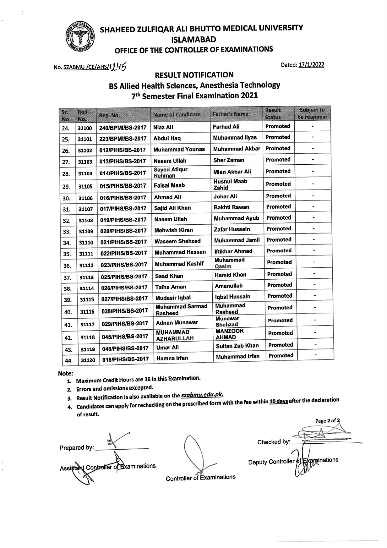 Result Notification - BS AHS 7th Semester Final Examination 2021 ...