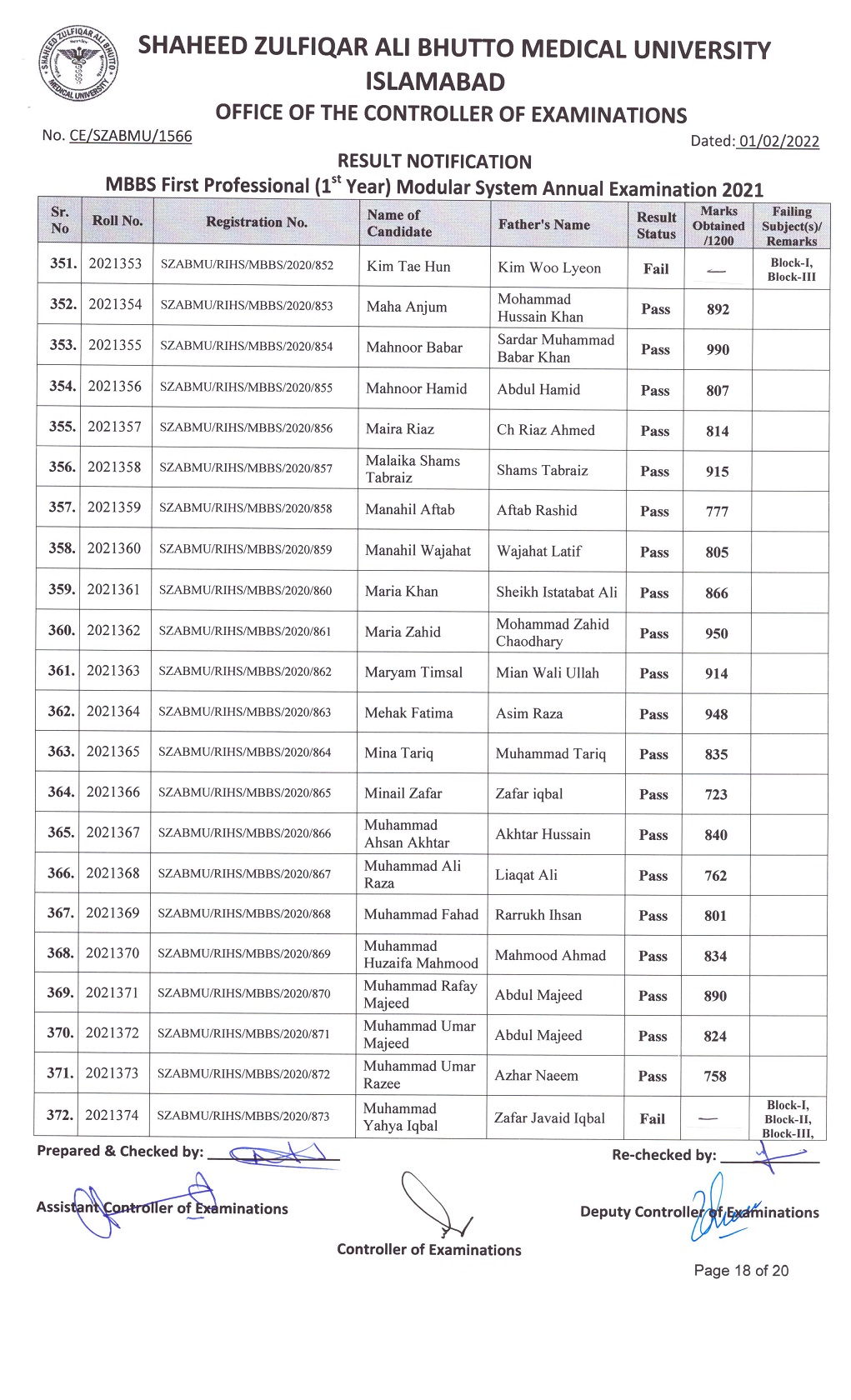 Result Notification of MBBS (First Professional ) Modular System Annual Examination 2021 ...