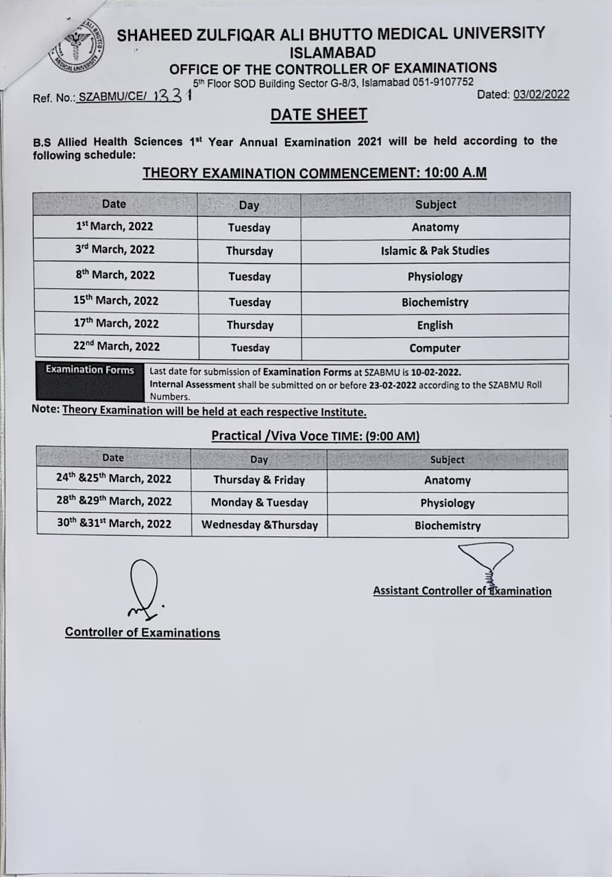 BS AHS1st and 4th Professional Annual Examination 2021 | Shaheed ...