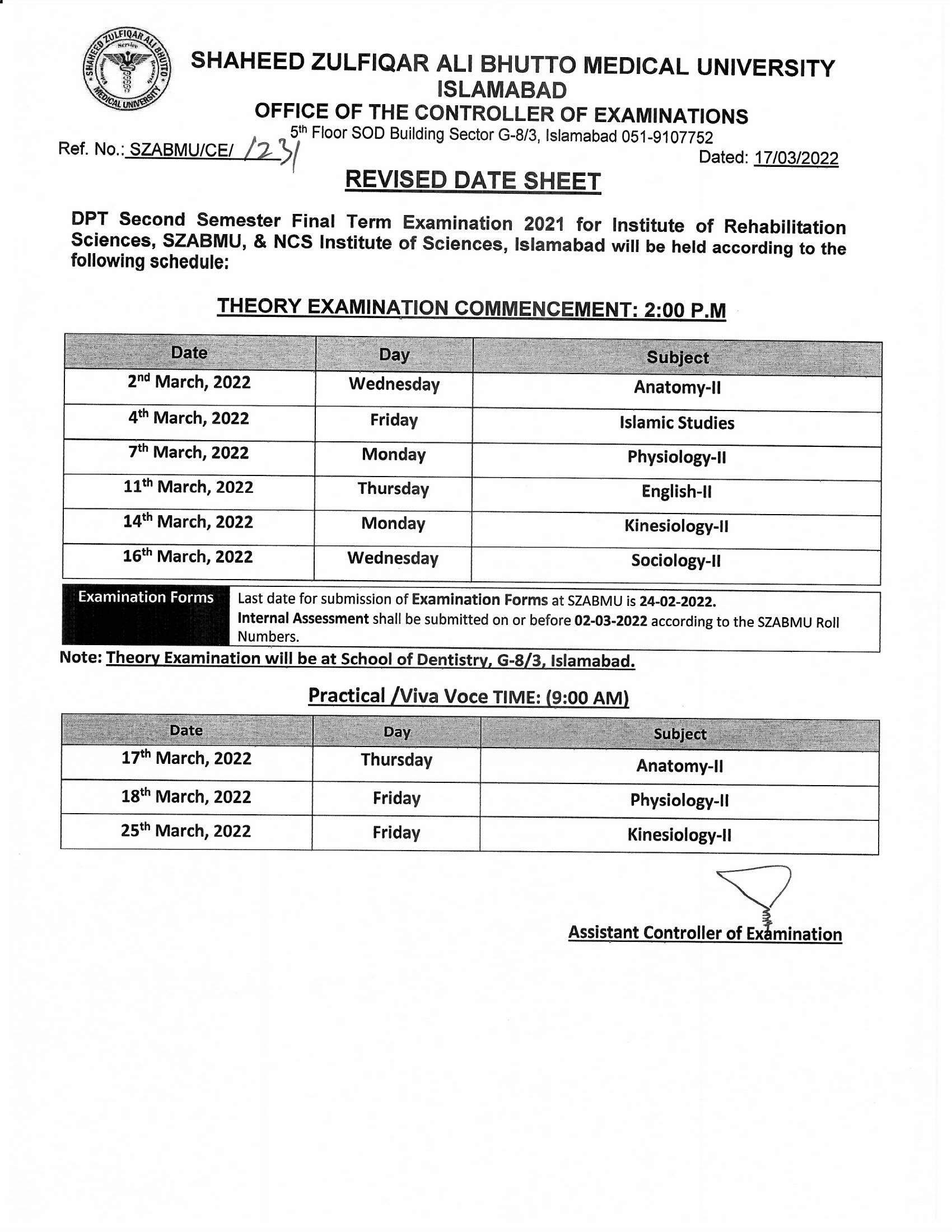 Revised Date Sheet - DPT Second and Fourth Semester Final Term ...