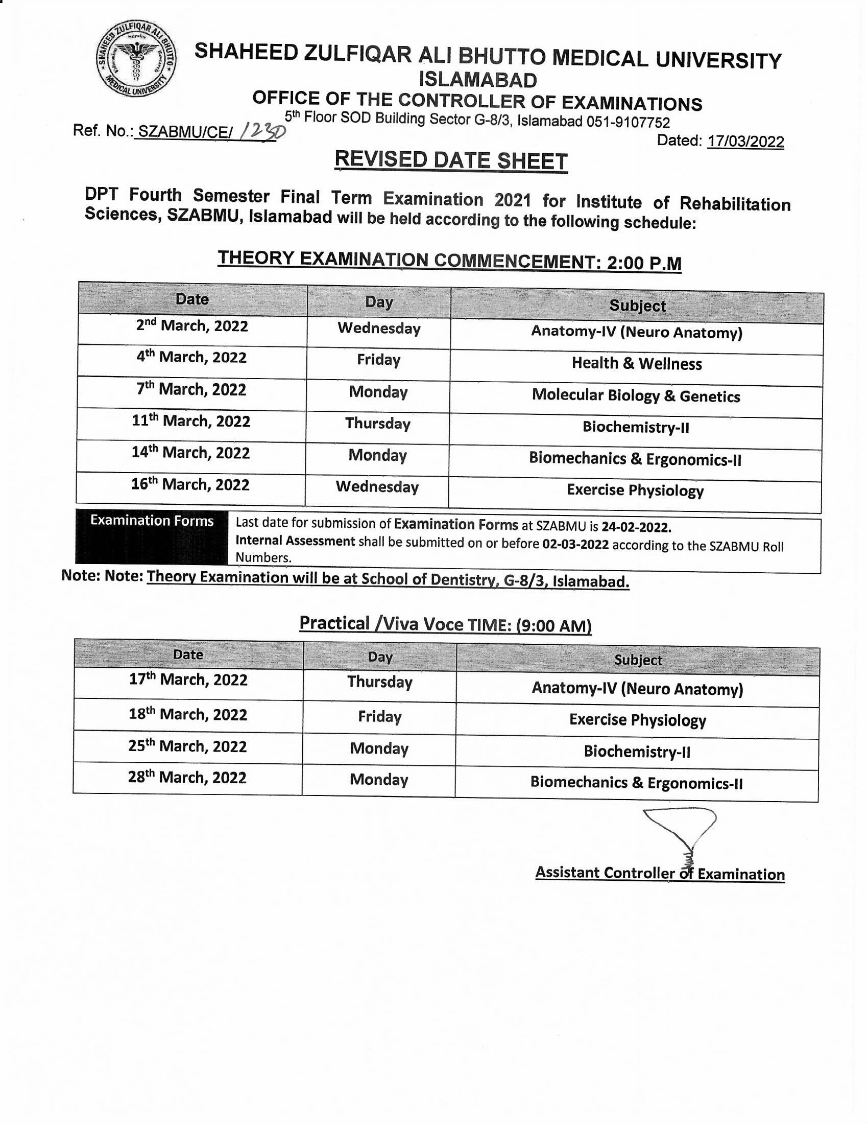 Revised Date Sheet - DPT Second and Fourth Semester Final Term ...