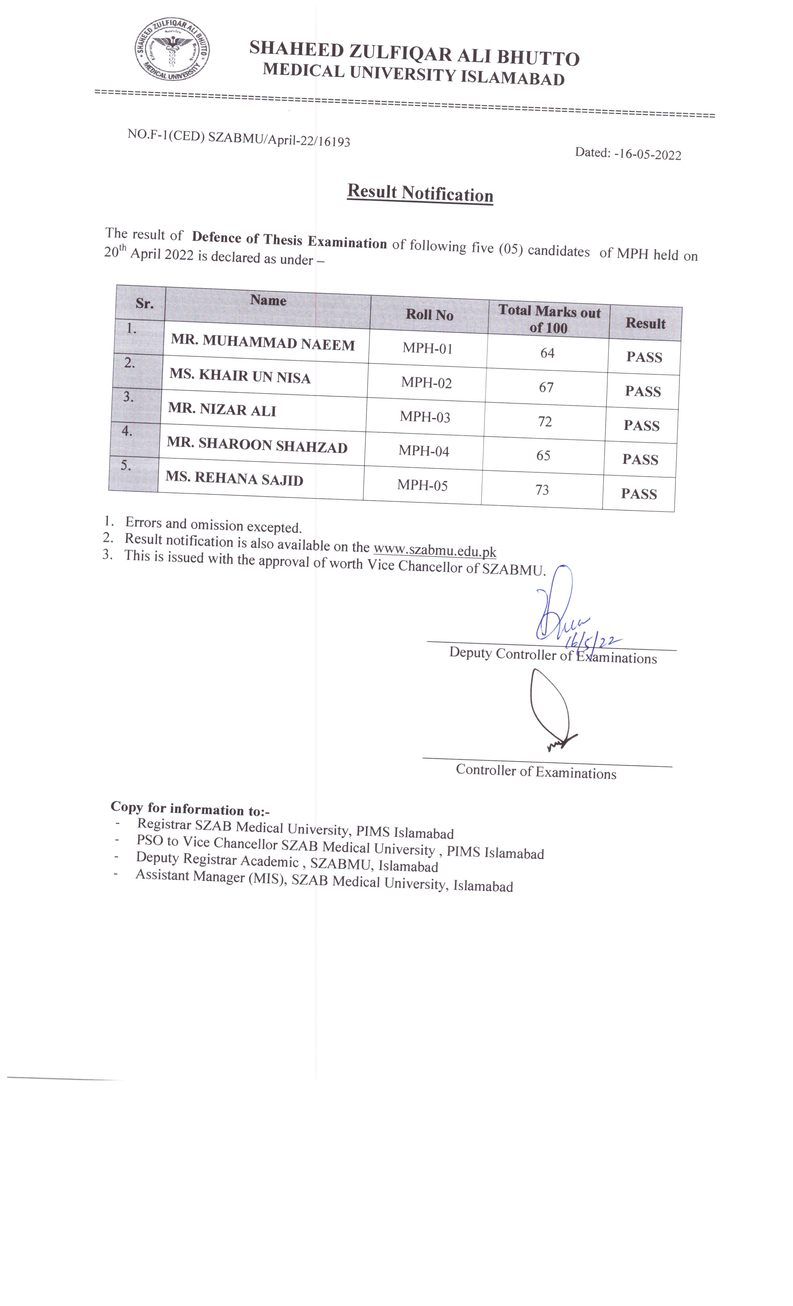 Result Notification - Defence of Thesis Examination of MPH | Shaheed ...