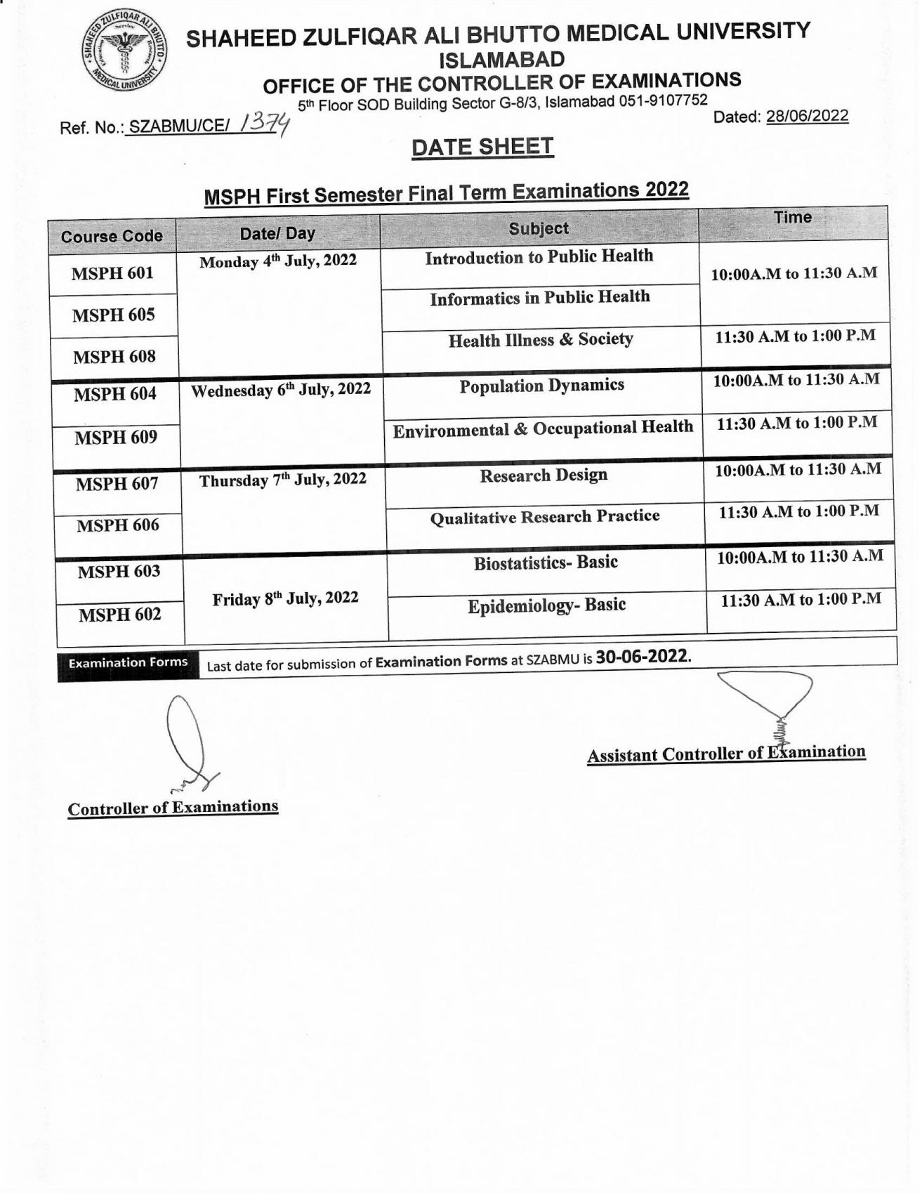 MSPH First Semester Final Term Examinations 2022 | Shaheed Zulfiqar Ali ...