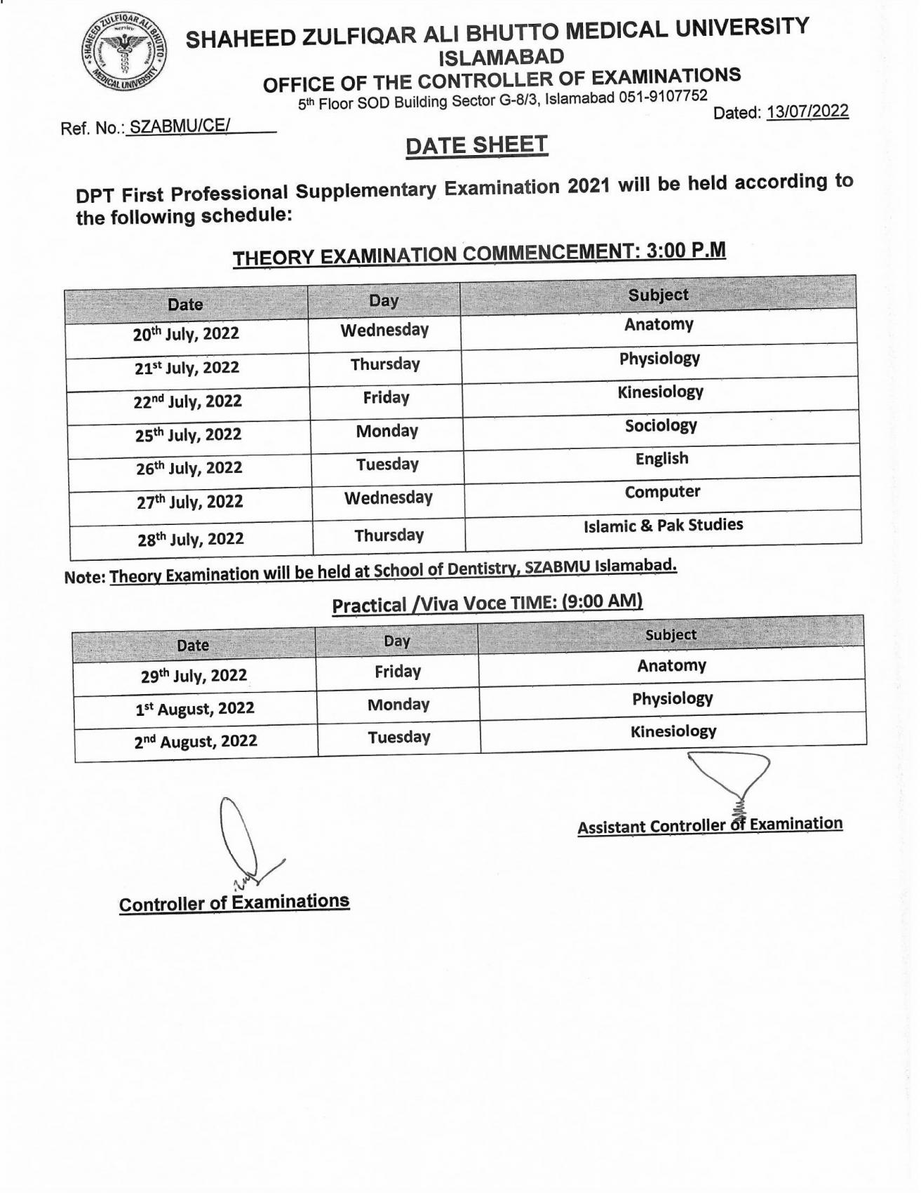 DPT First and Second Professional Supplementary Examinations 2021 ...