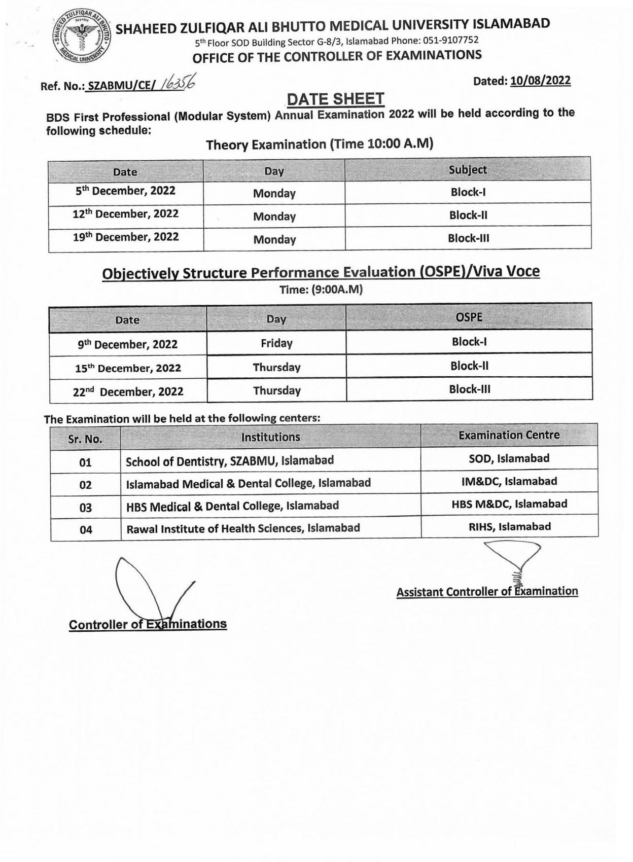 Date Sheet - BDS All Professional Annual Examinations 2022 | Shaheed ...