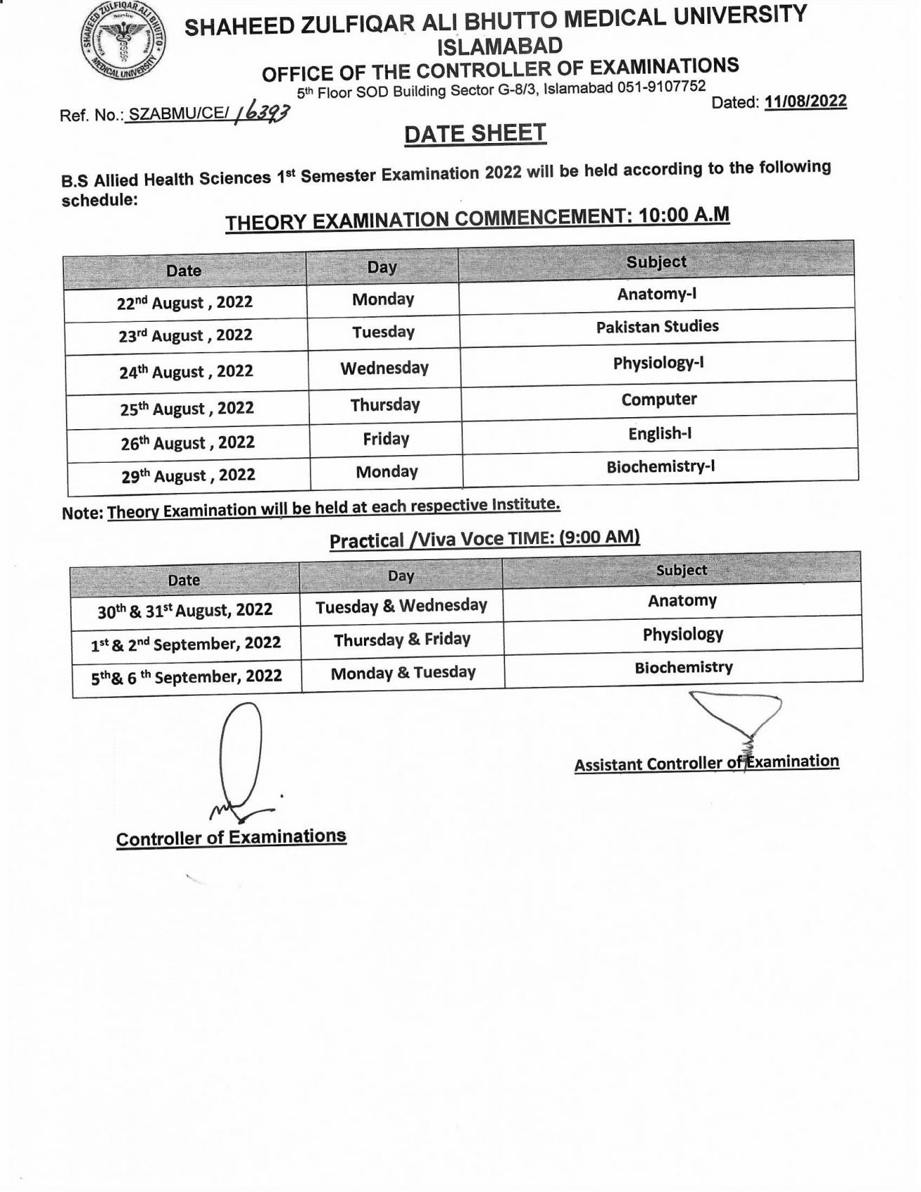 Date Sheet - B.S AHS 1st, 3rd and 5th Semester Examinations 2022 ...