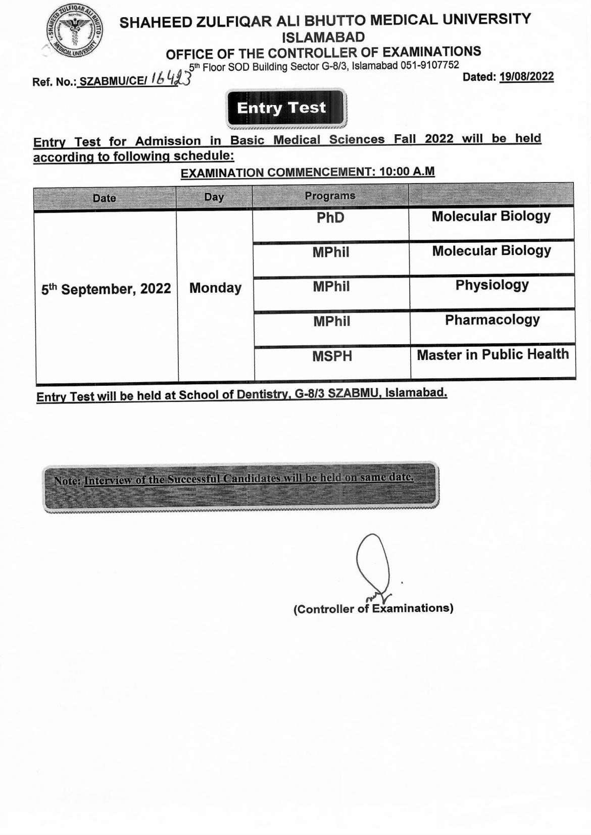 Entry Test for Admission in Basic Medical Sciences Fall 2022 | Shaheed ...